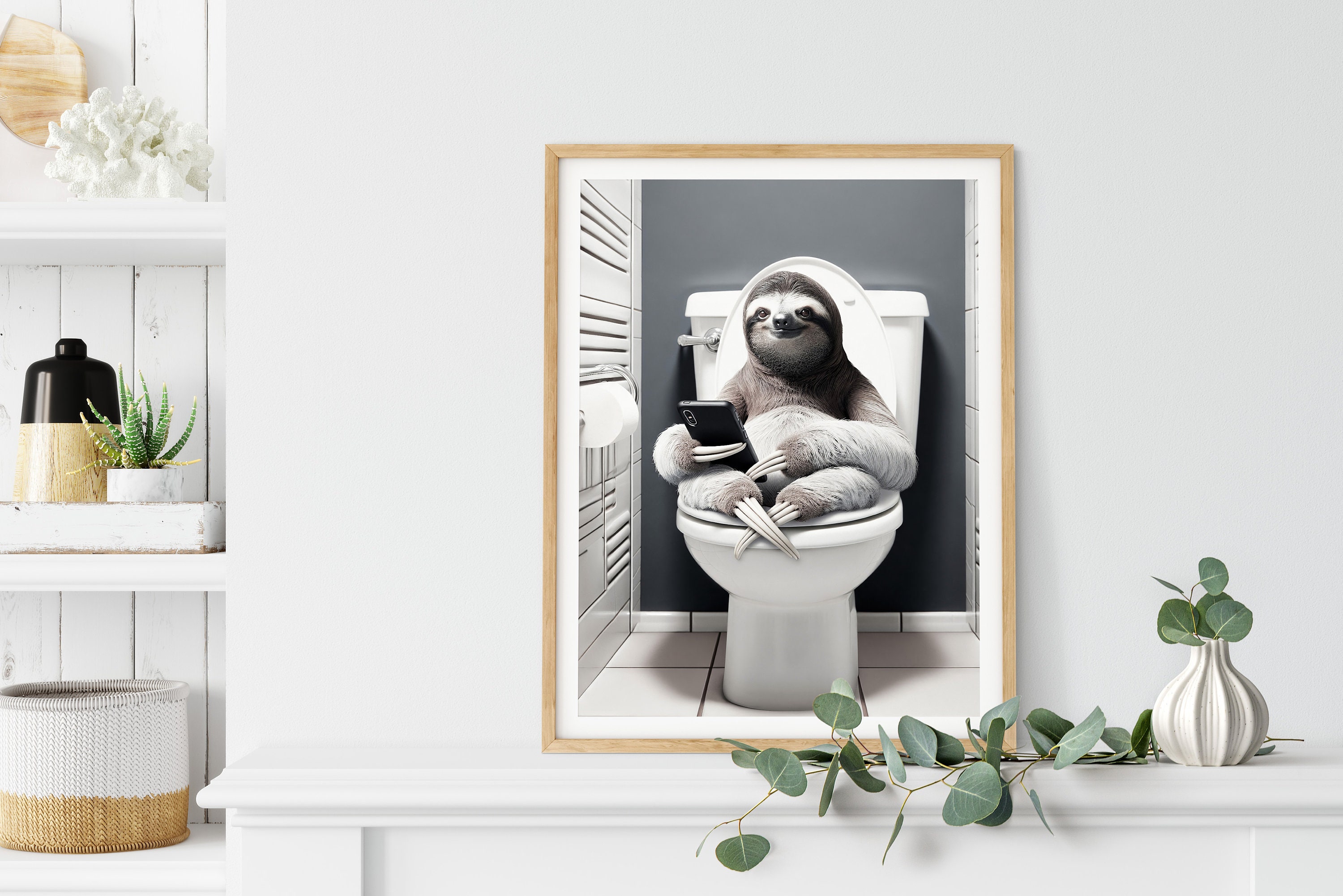 Sloth, Sitting on the Toilet, Looking at Mobile Phone, Funny Bathroom ...