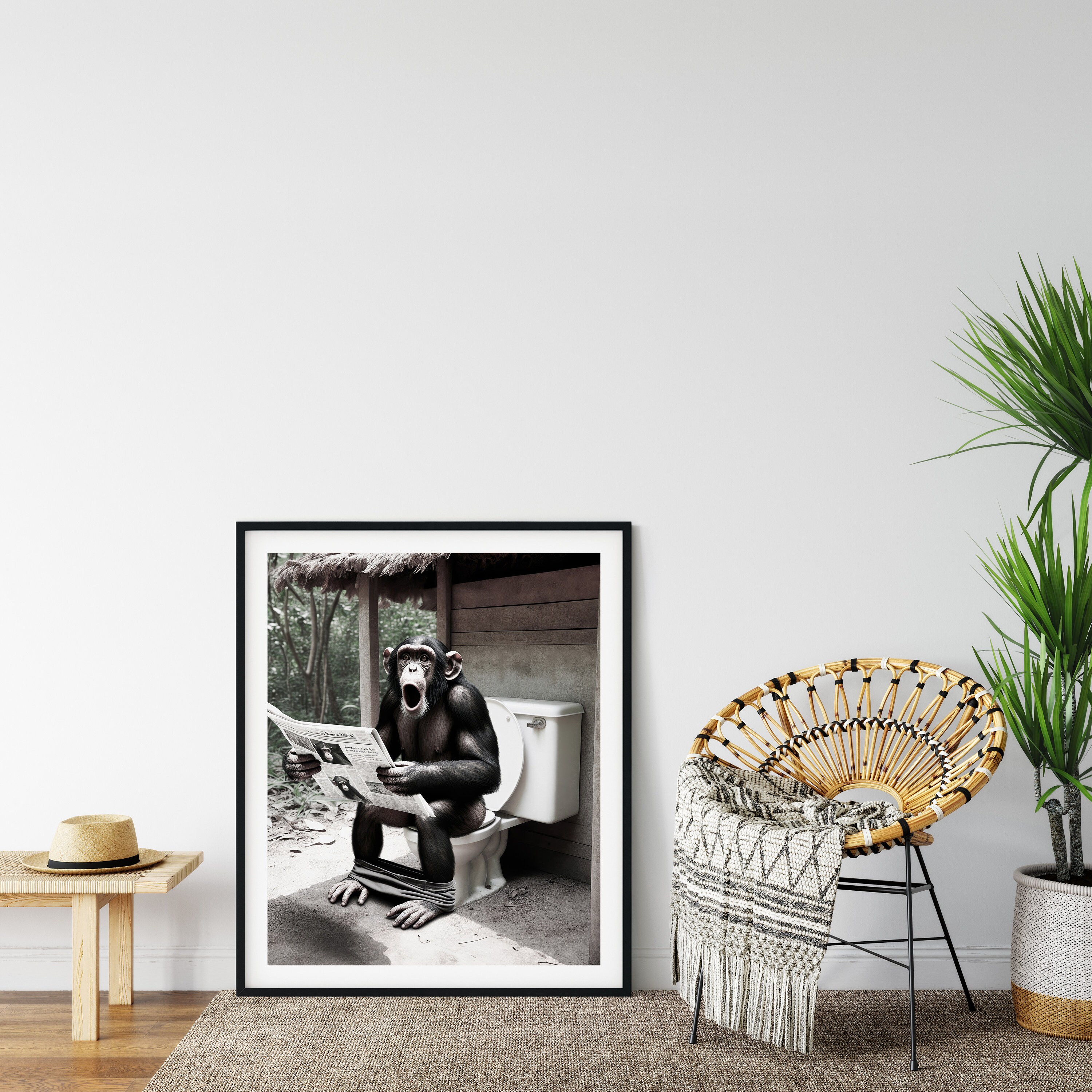 Chimpanzee, Sitting on the Toilet, Reading a Newspaper, Rustic Cabin ...
