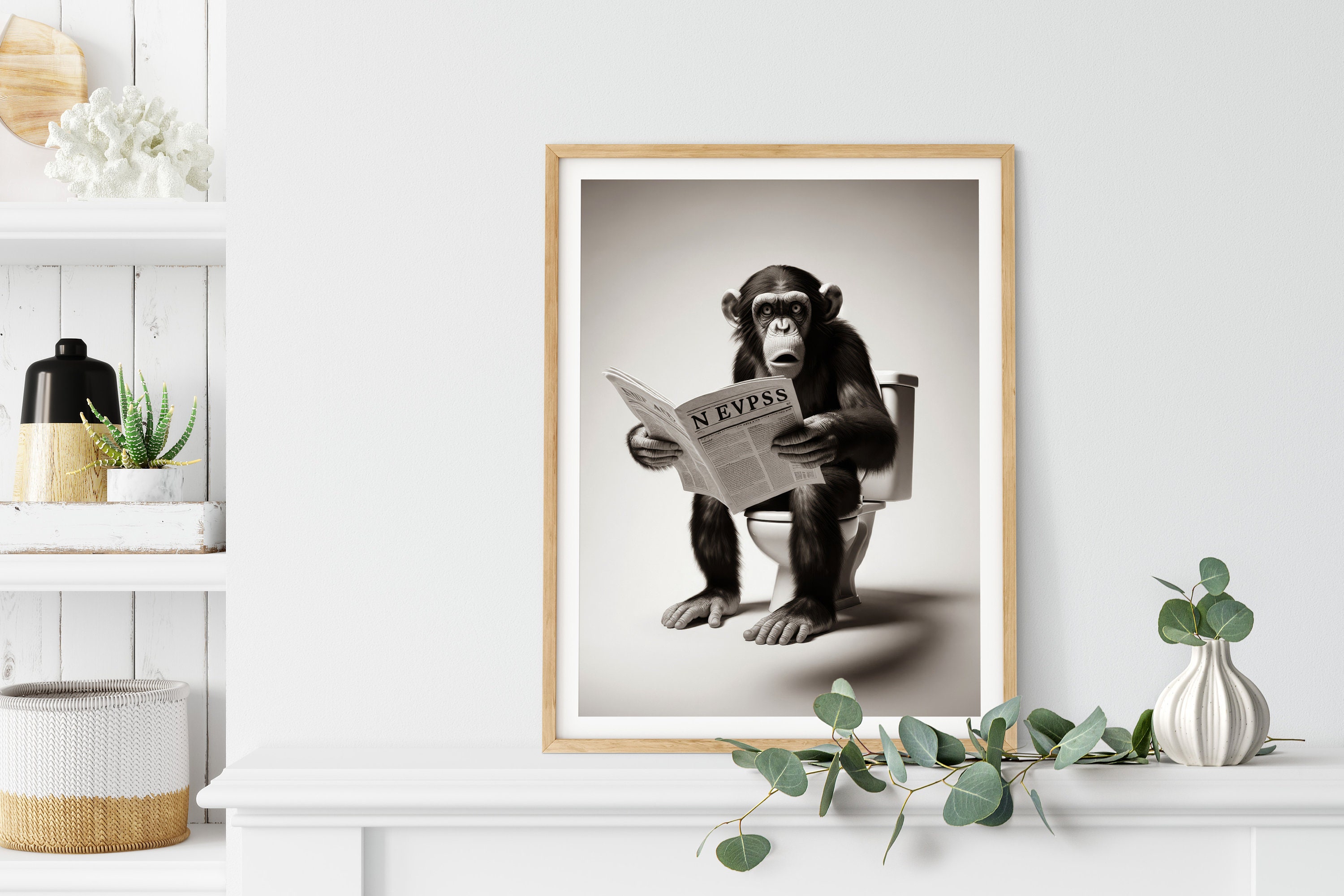 Chimpanzee, Sitting on the Toilet, Reading a Newspaper, Funny Monkey ...
