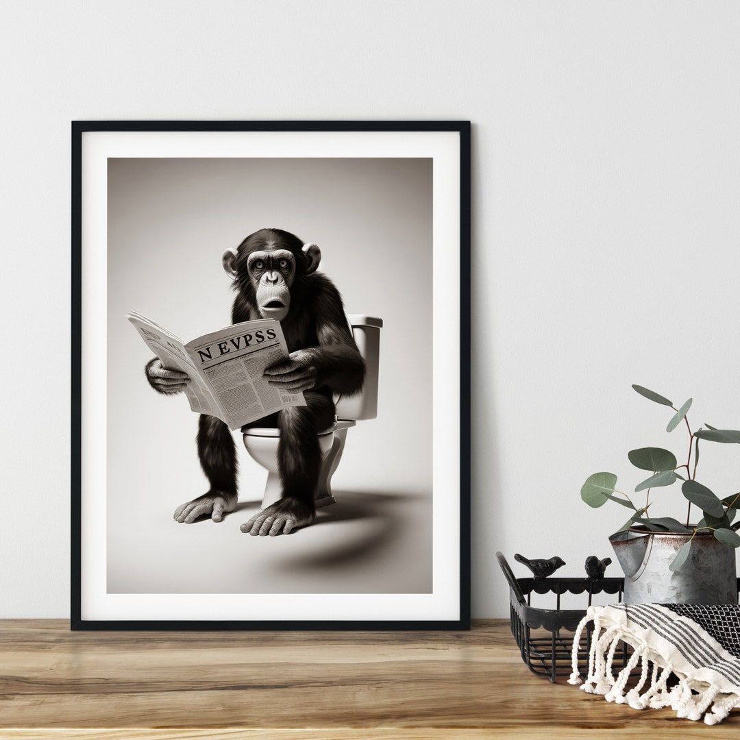 Chimpanzee, Sitting on the Toilet, Reading a Newspaper, Funny Monkey ...