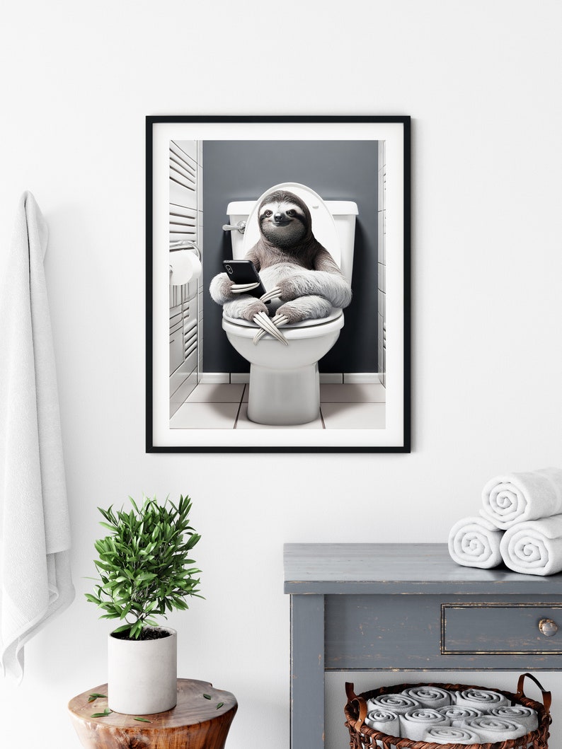 Sloth, Sitting on the Toilet, Looking at Mobile Phone, Funny Bathroom ...