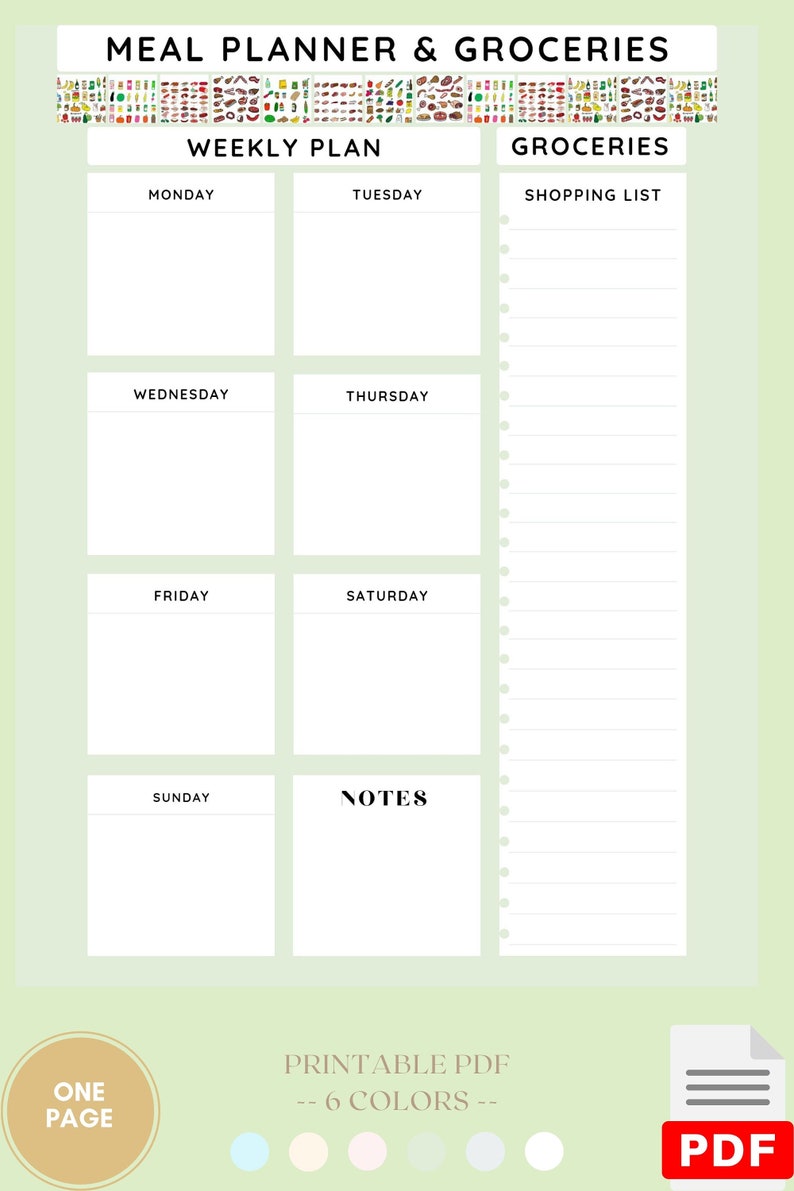 Meal Groceries Planner, Excel, Printable PDF, Digital Download, Meal ...