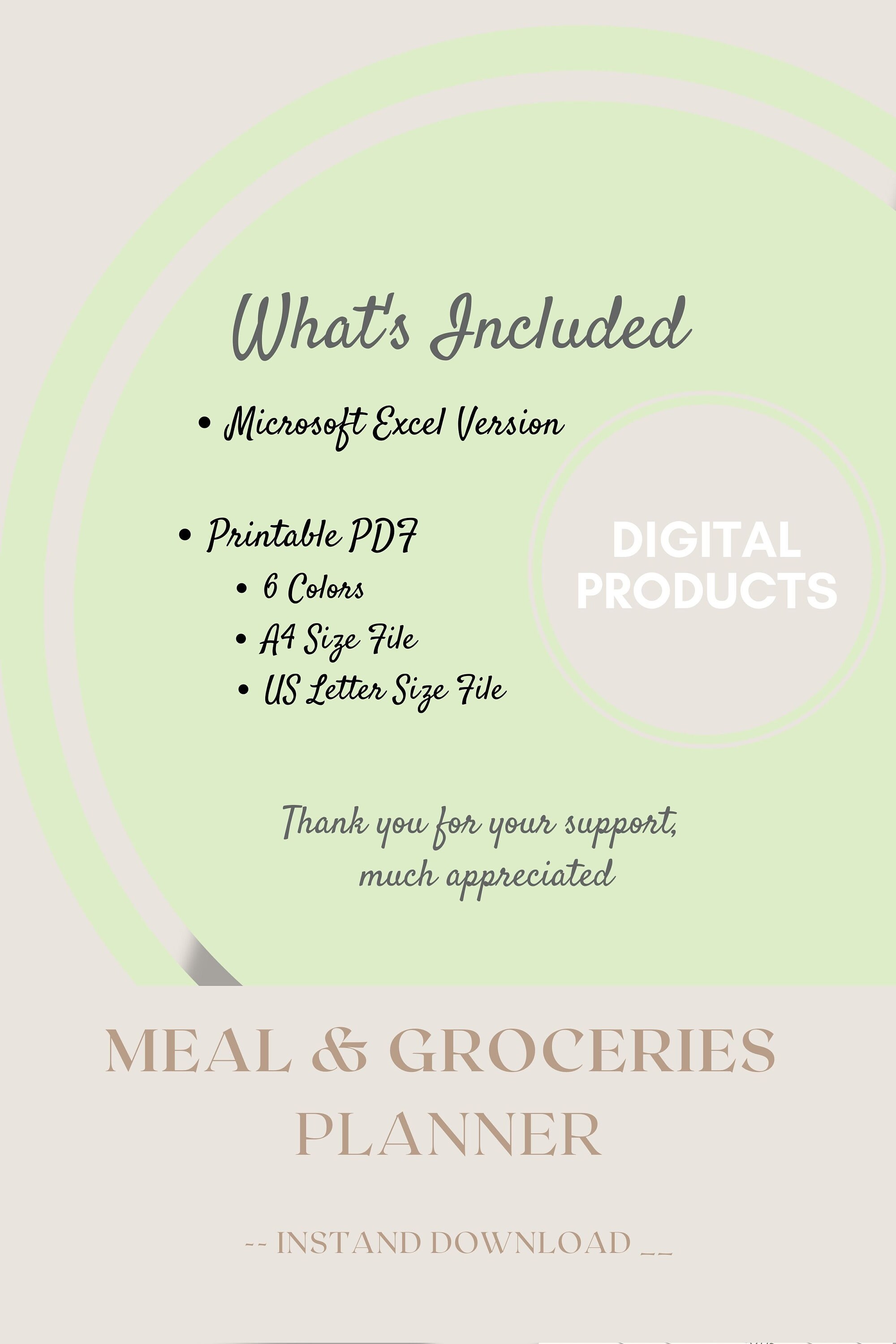 Meal Groceries Planner, Excel, Printable PDF, Digital Download, Meal ...