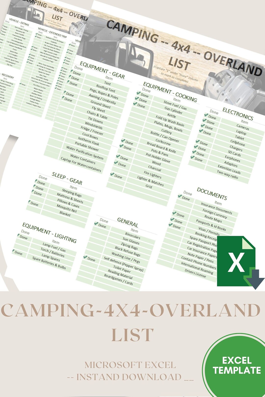 Camping 4x4 Overland List, Excel, Printable PDF, Digital Download ...