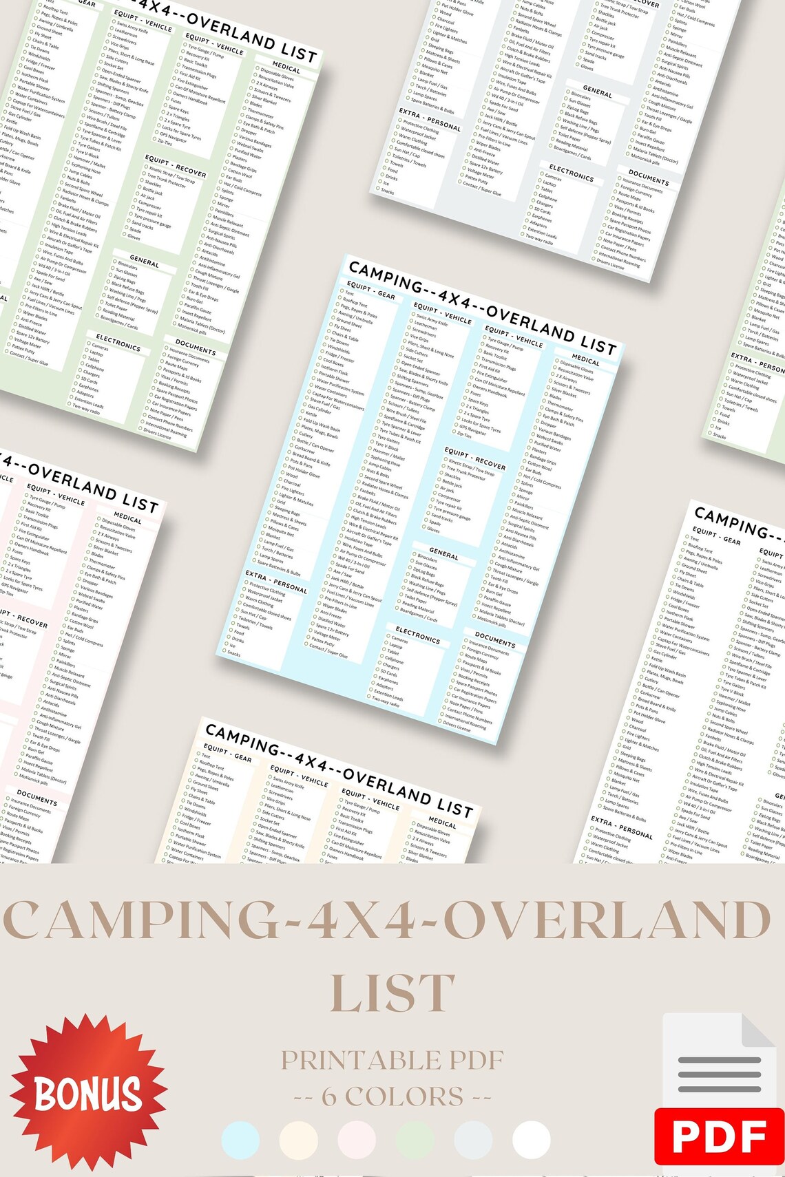Camping 4x4 Overland List, Excel, Printable PDF, Digital Download ...