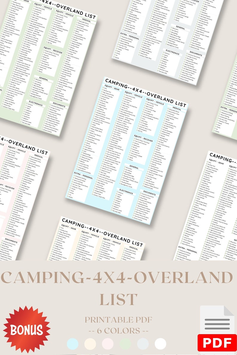 Camping 4x4 Overland List, Excel, Printable PDF, Digital Download ...