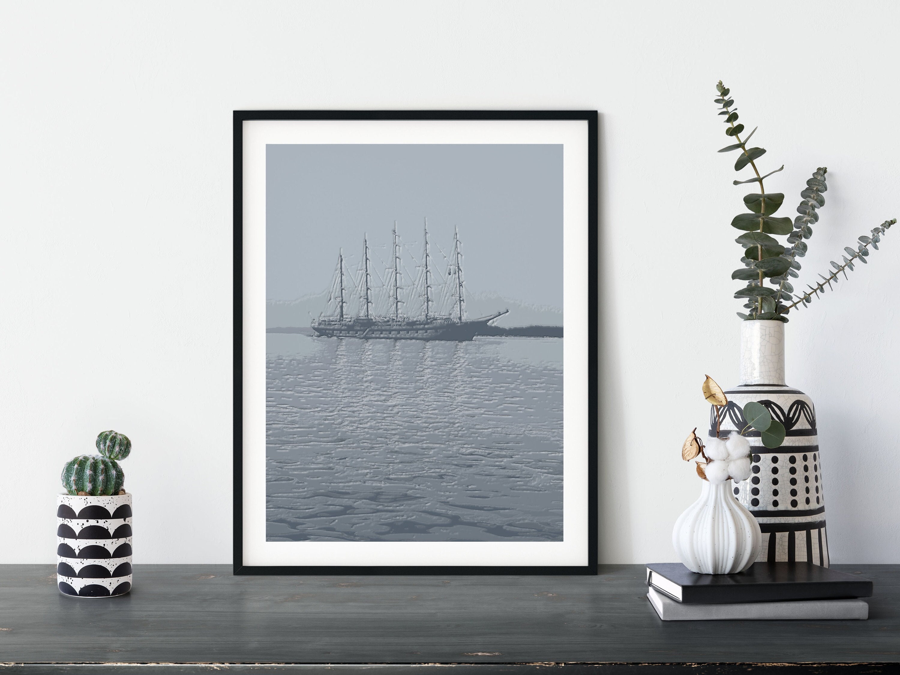 Vintage Sail Ship Wall Art Poster Printable Blue and White - Etsy