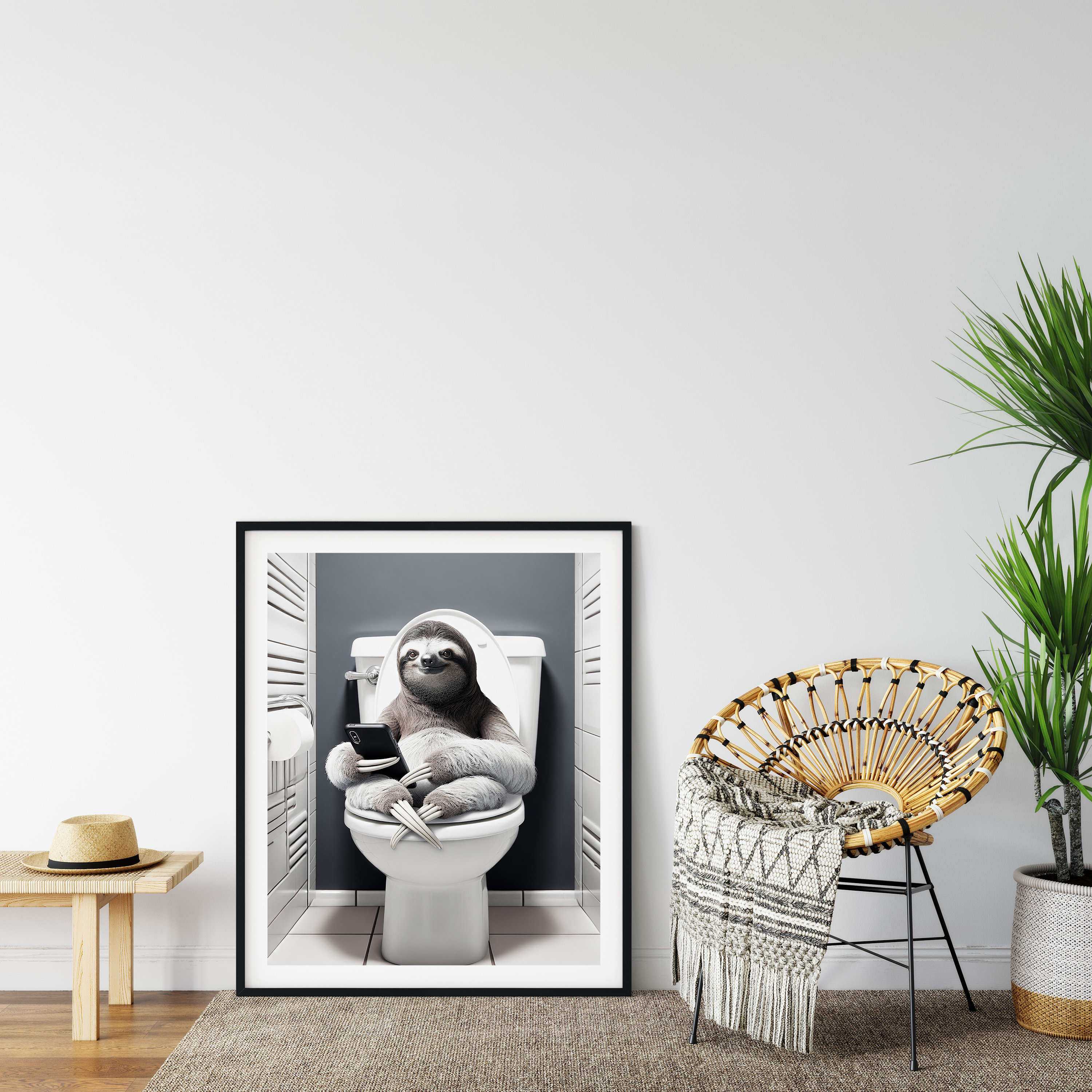 Sloth, Sitting on the Toilet, Looking at Mobile Phone, Funny Bathroom ...