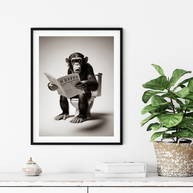 Chimpanzee, Sitting on the Toilet, Reading a Newspaper, Funny Monkey ...