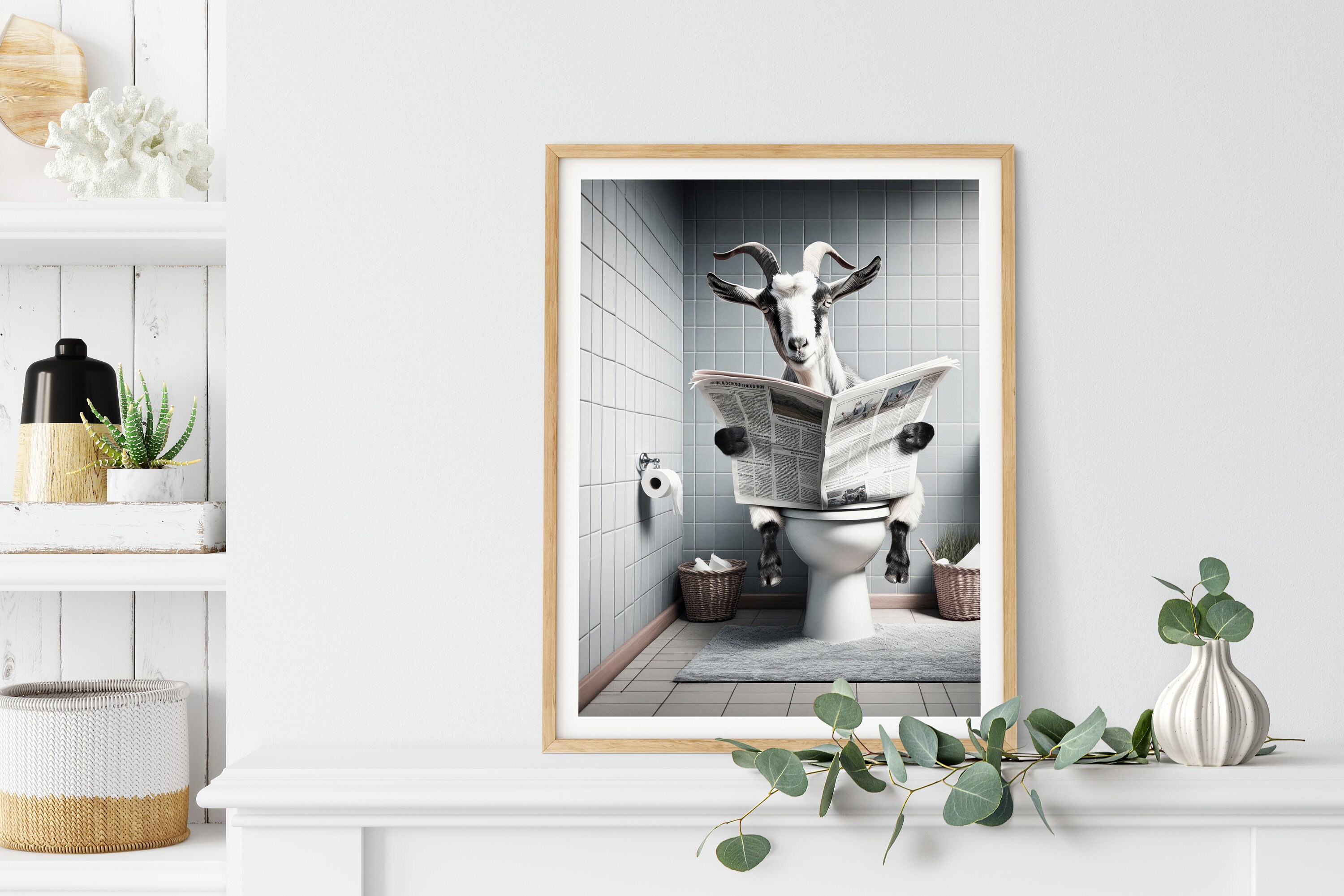 Goat, Sitting on the Toilet, Reading Newspaper, Funny Bathroom Wall Art ...