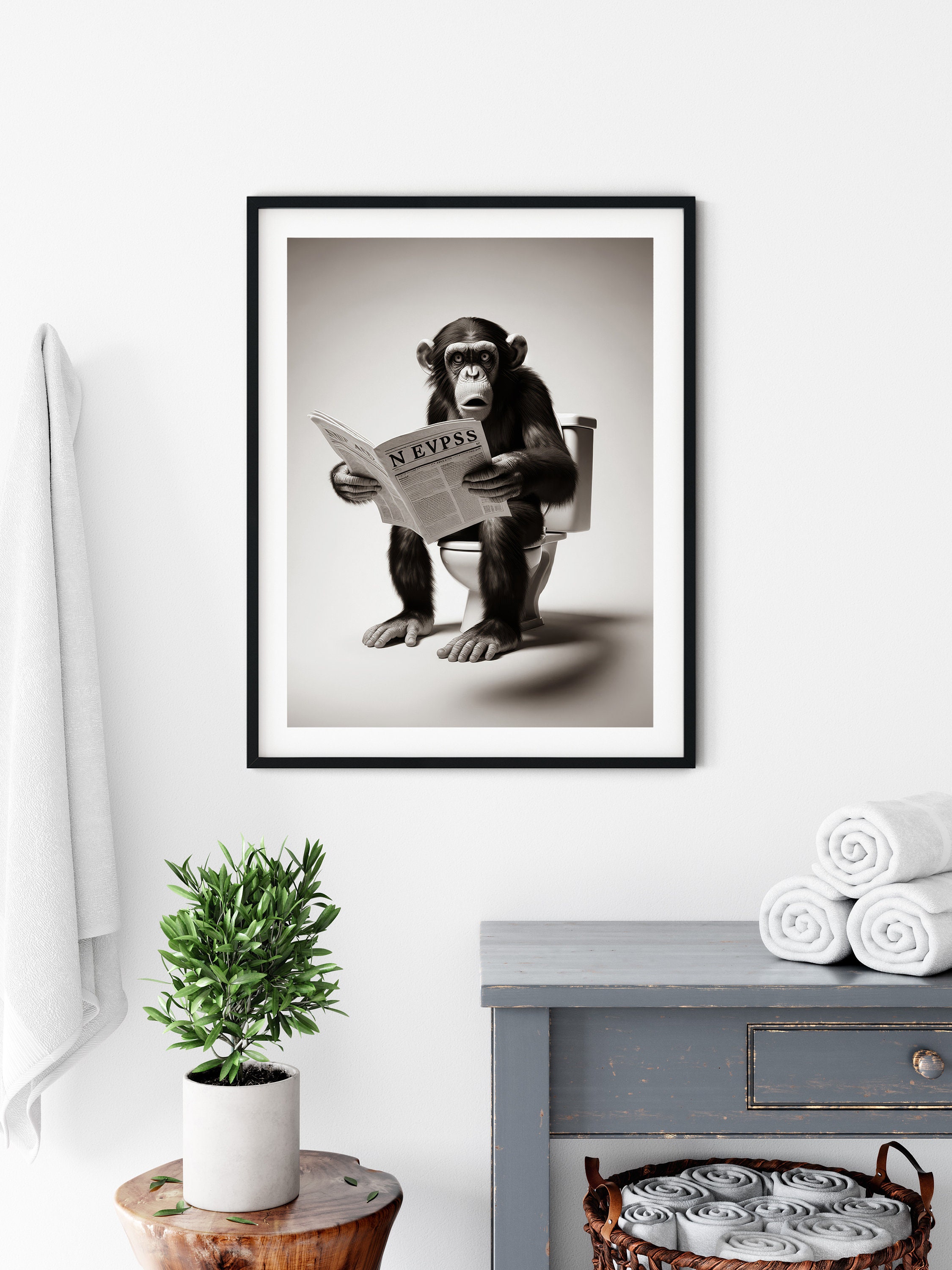Chimpanzee, Sitting on the Toilet, Reading a Newspaper, Funny Monkey ...