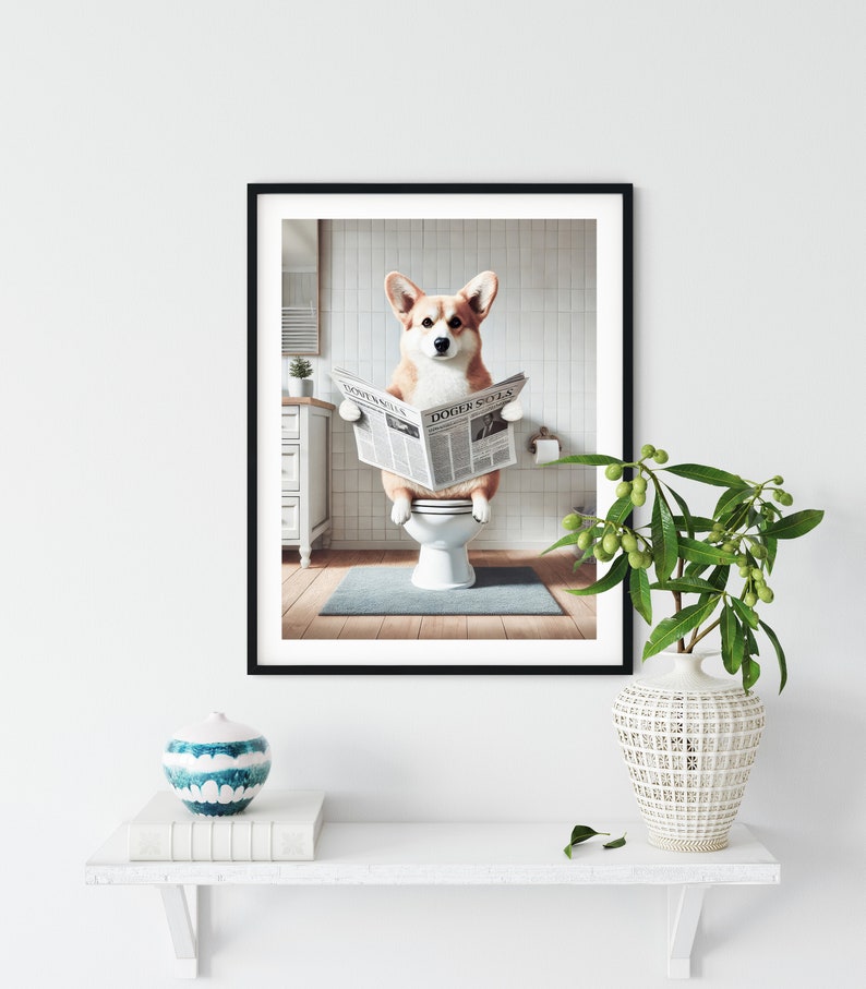 Welsh Corgi, Sitting on the Toilet, Reading Newspaper, Funny Bathroom ...