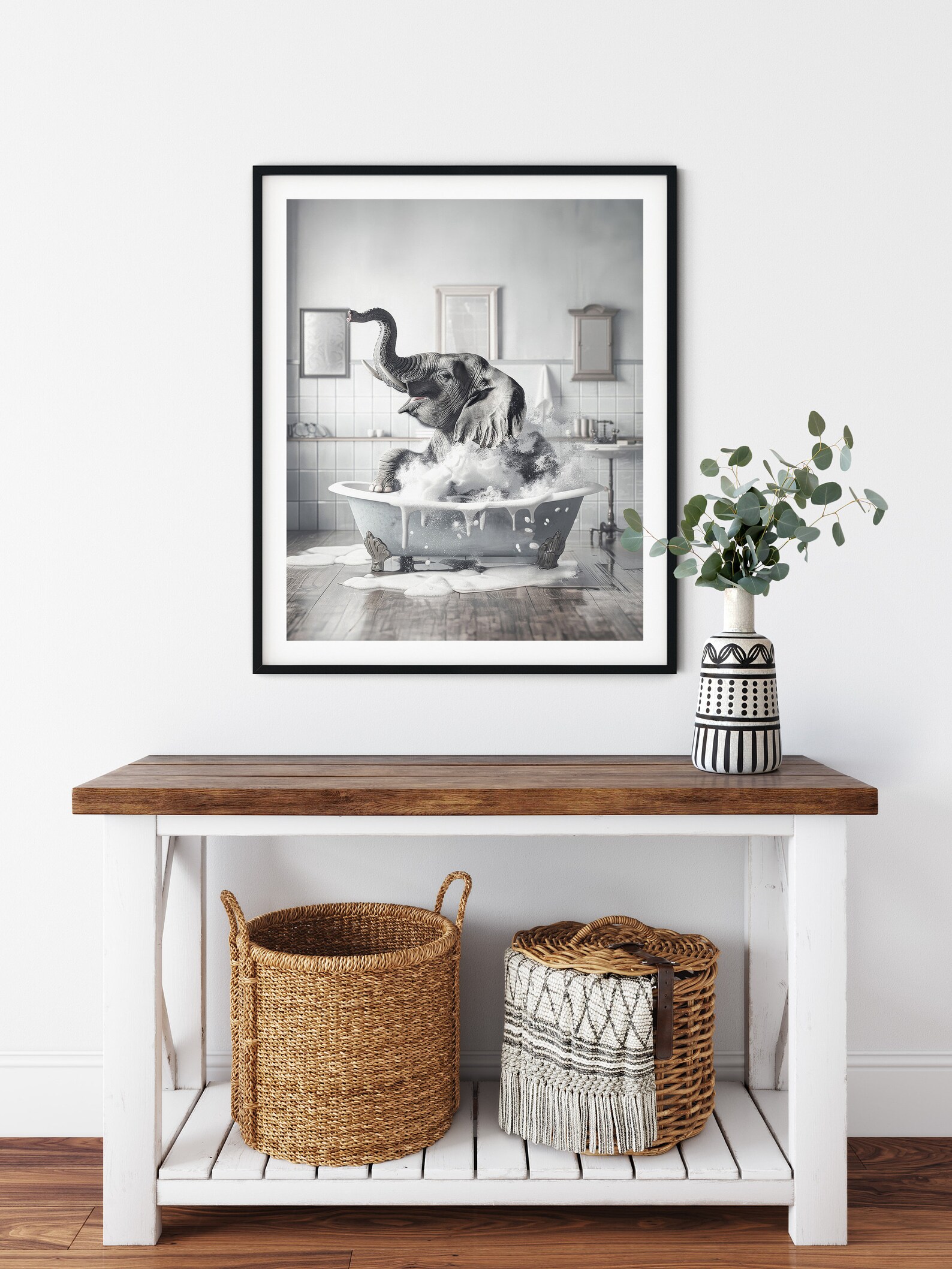 Happy Elephant in Bath, Funny Bathroom Wall Art Poster, Printable ...