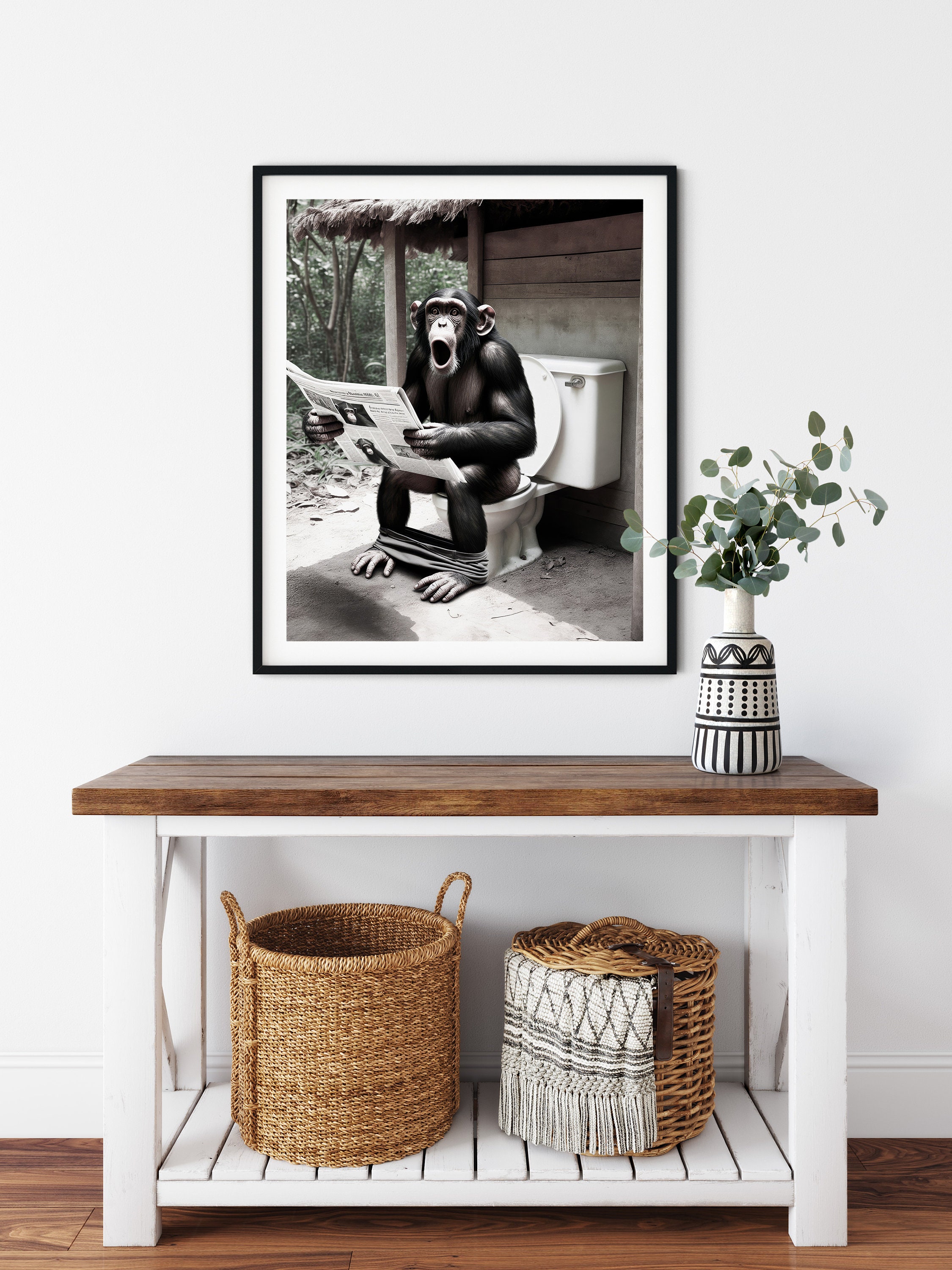 Chimpanzee, Sitting on the Toilet, Reading a Newspaper, Rustic Cabin ...