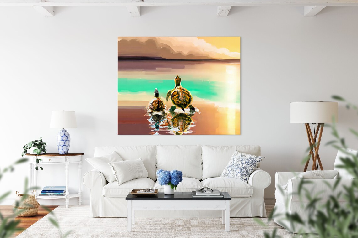 Two Turtles on the Beach Wall Art Poster Printable Golden - Etsy