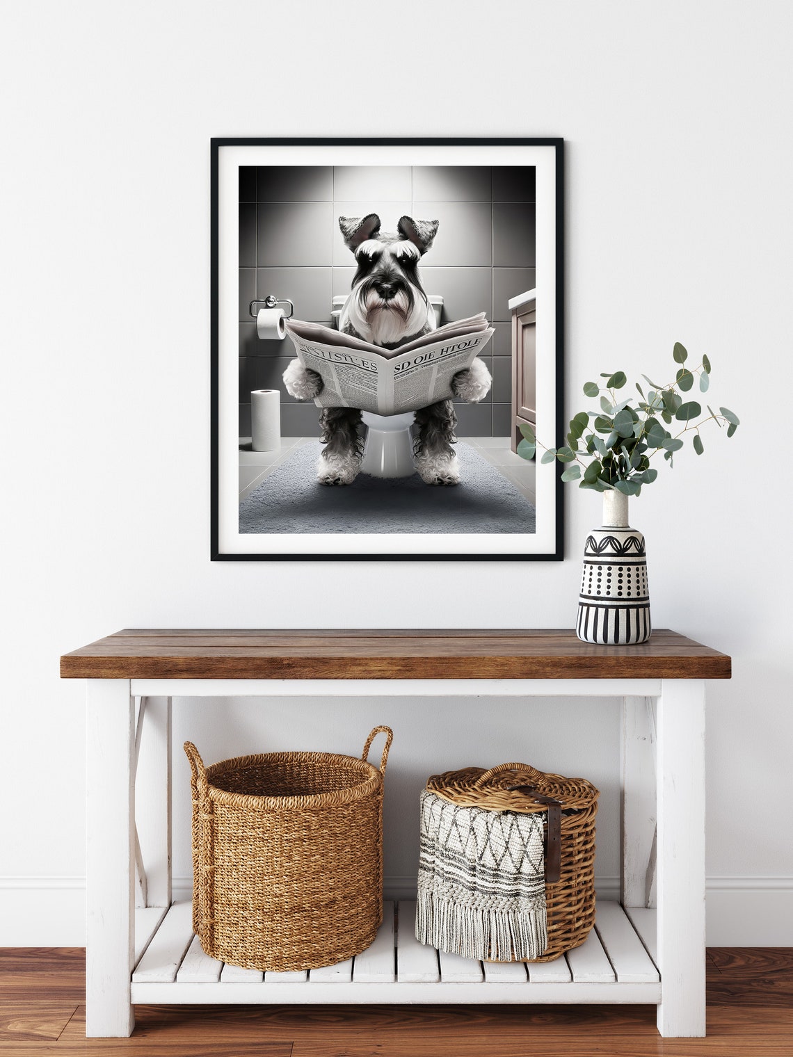 Schnauzer, Sitting on the Toilet, Reading Newspaper, Funny Bathroom ...