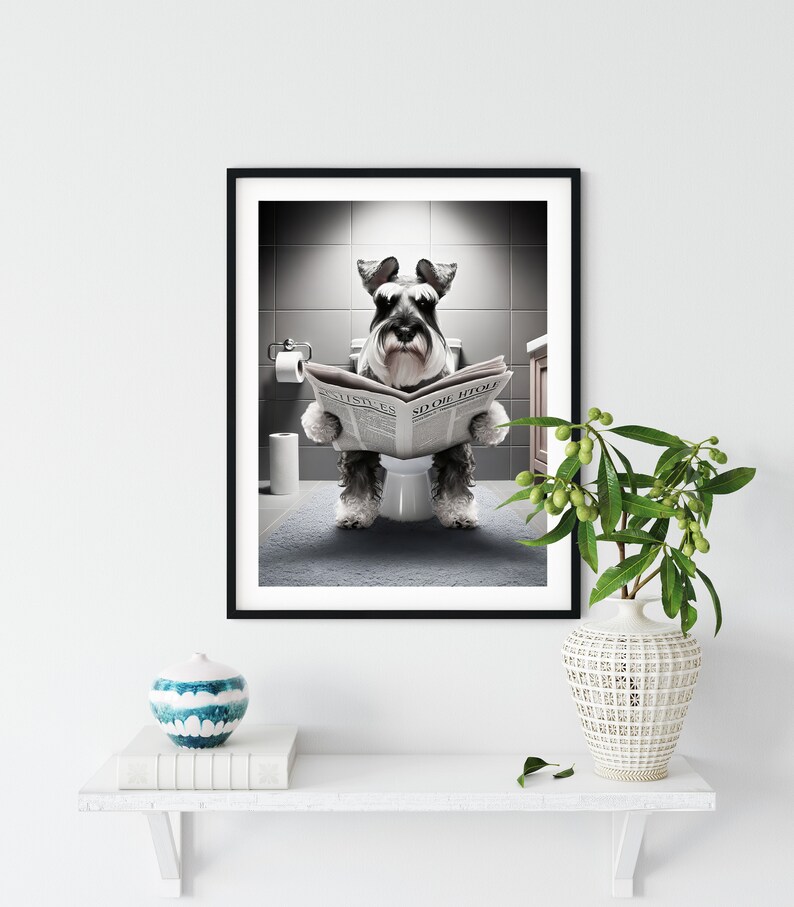 Schnauzer, Sitting on the Toilet, Reading Newspaper, Funny Bathroom ...