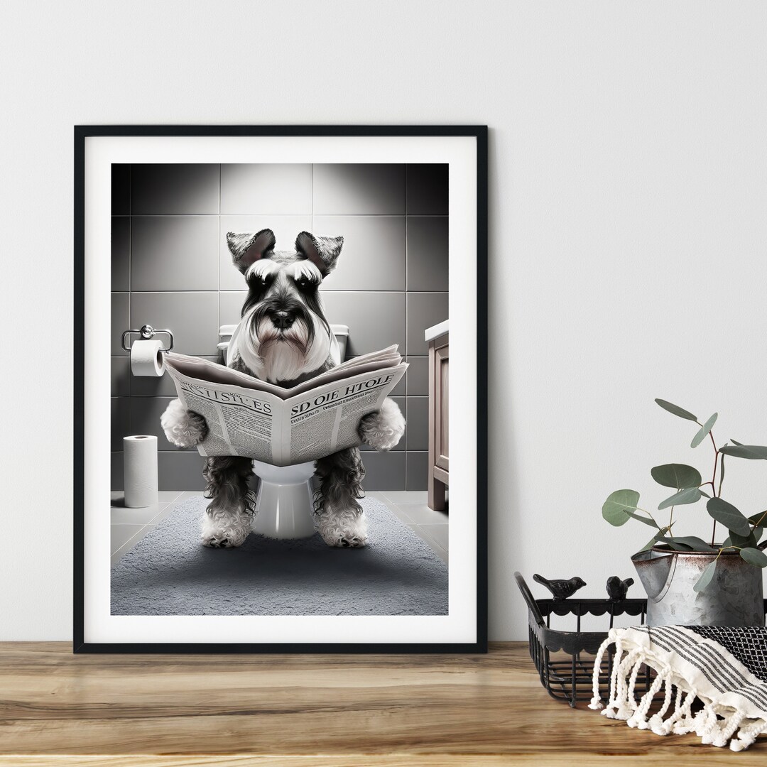 Schnauzer, Sitting on the Toilet, Reading Newspaper, Funny Bathroom ...
