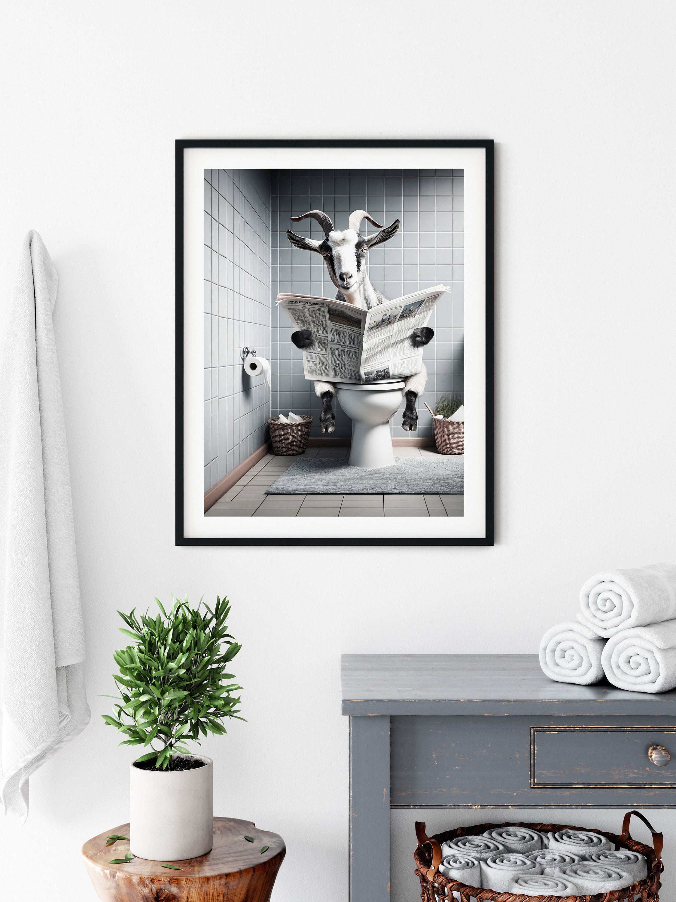 Goat, Sitting on the Toilet, Reading Newspaper, Funny Bathroom Wall Art ...