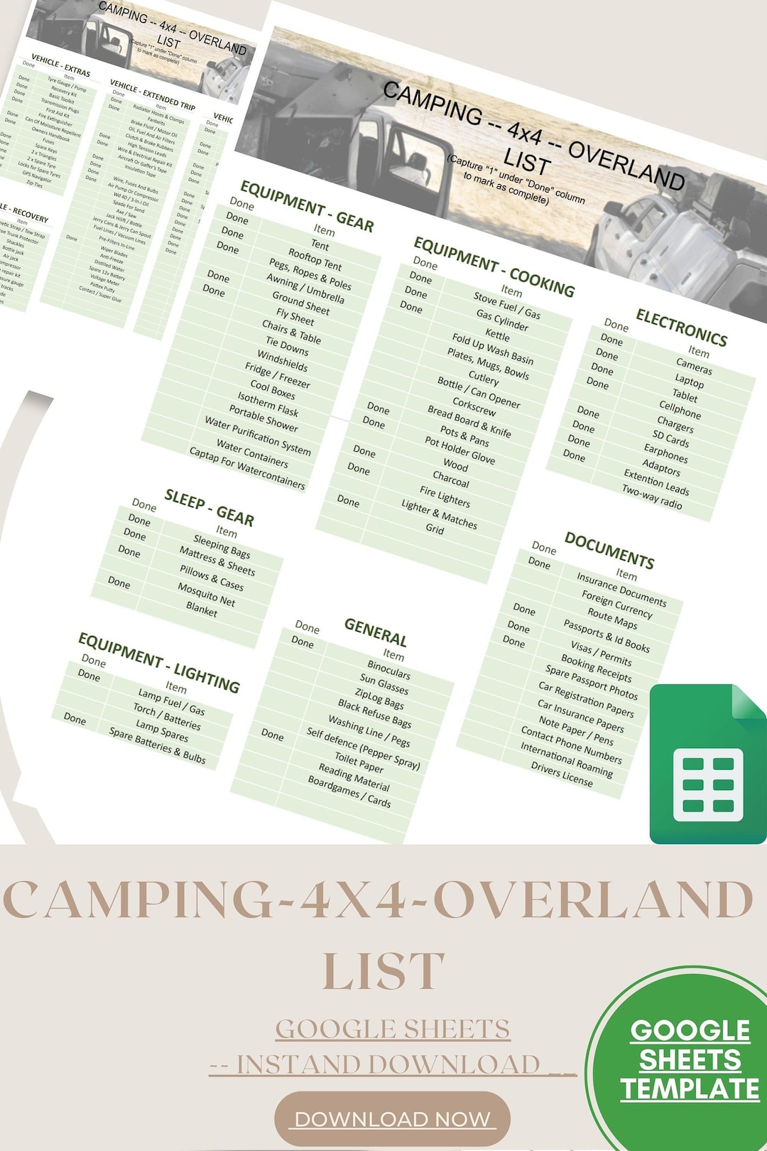 Camping 4x4 Overland List, Google Sheets, Printable PDF, Digital ...