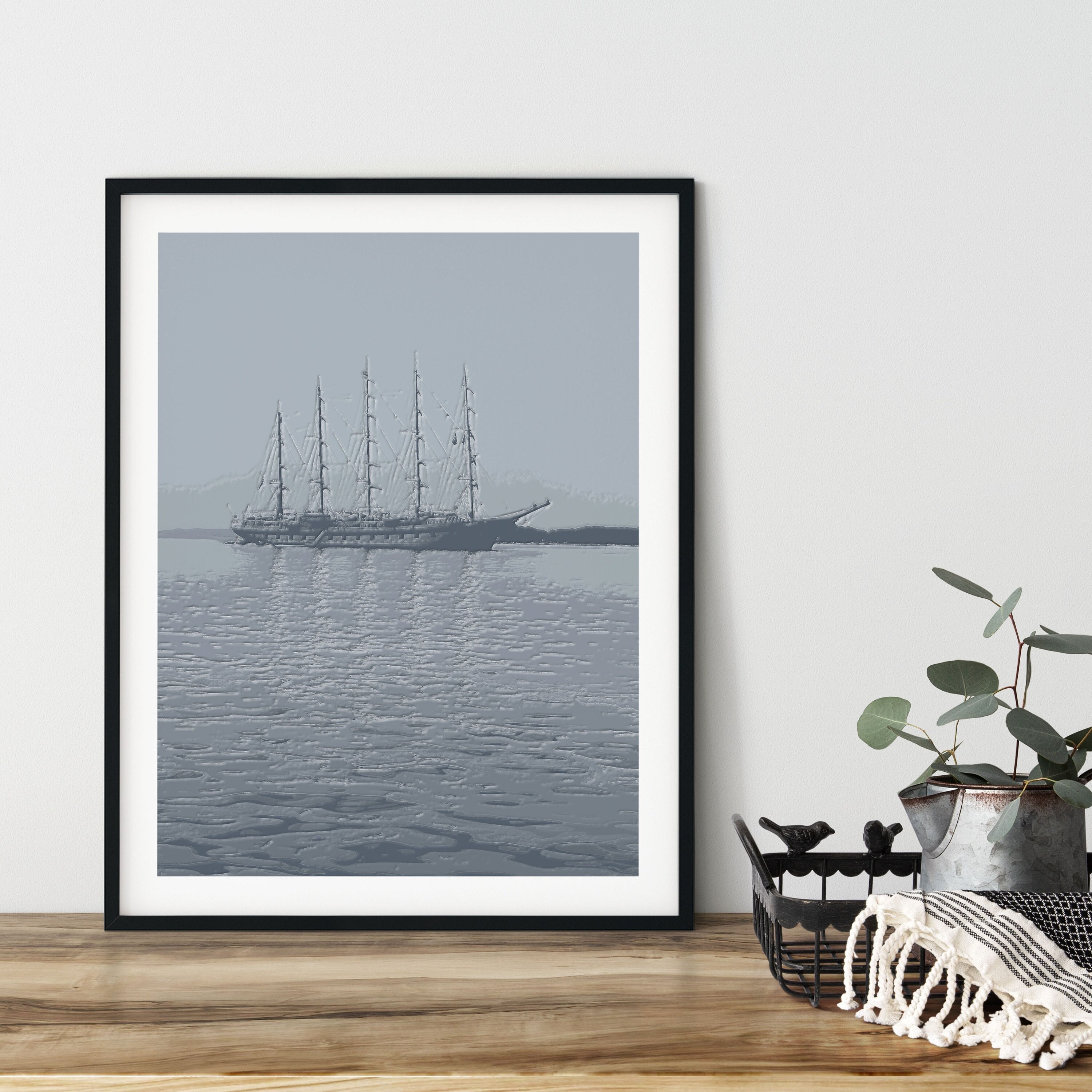Vintage Sail Ship Wall Art Poster Printable Blue and White - Etsy
