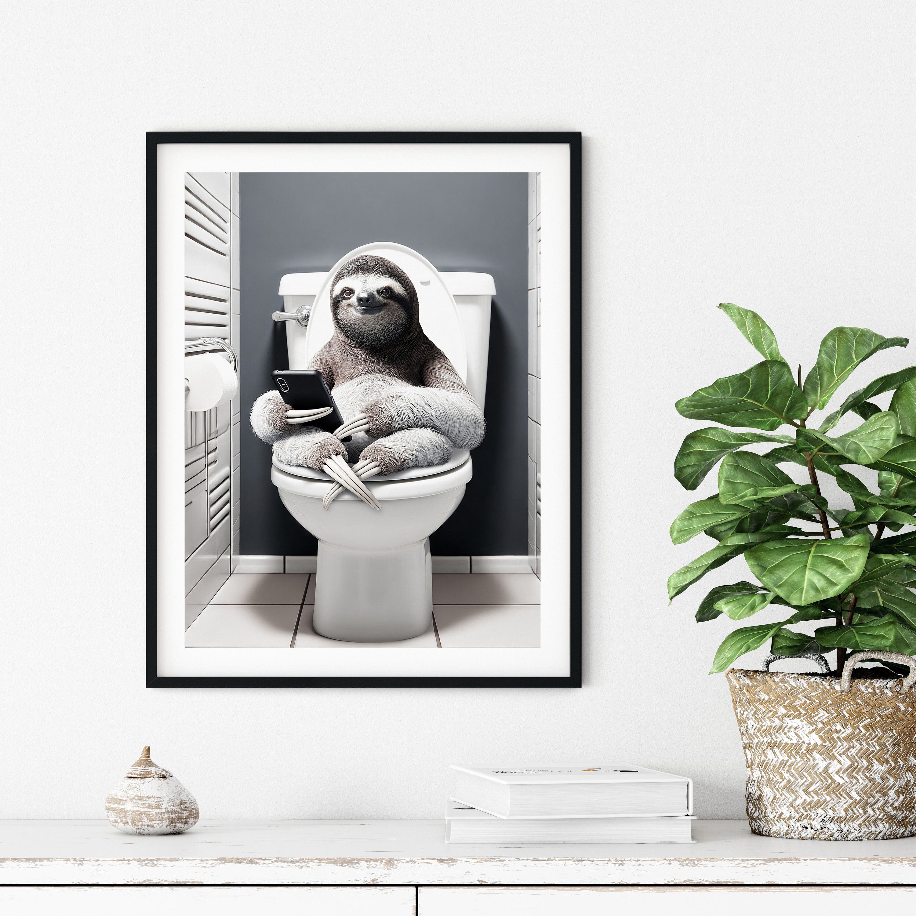 Sloth, Sitting on the Toilet, Looking at Mobile Phone, Funny Bathroom ...