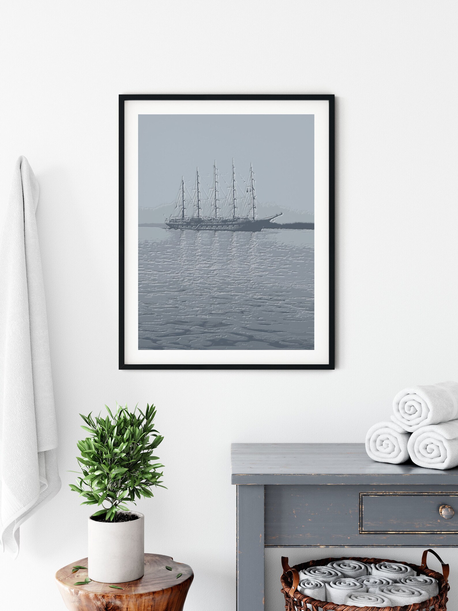 Vintage Sail Ship Wall Art Poster Printable Blue and White - Etsy