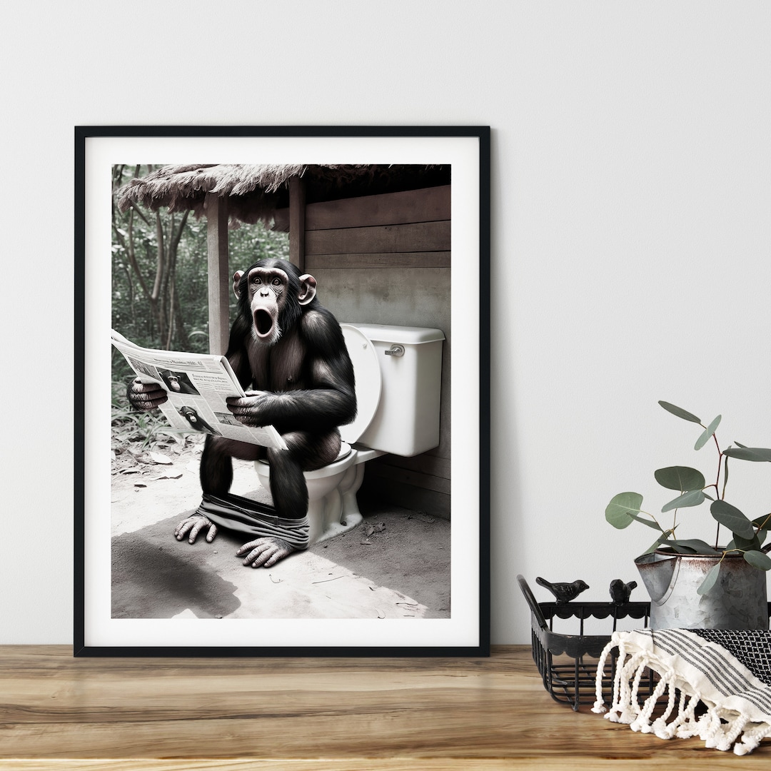 Chimpanzee, Sitting on the Toilet, Reading a Newspaper, Rustic Cabin ...