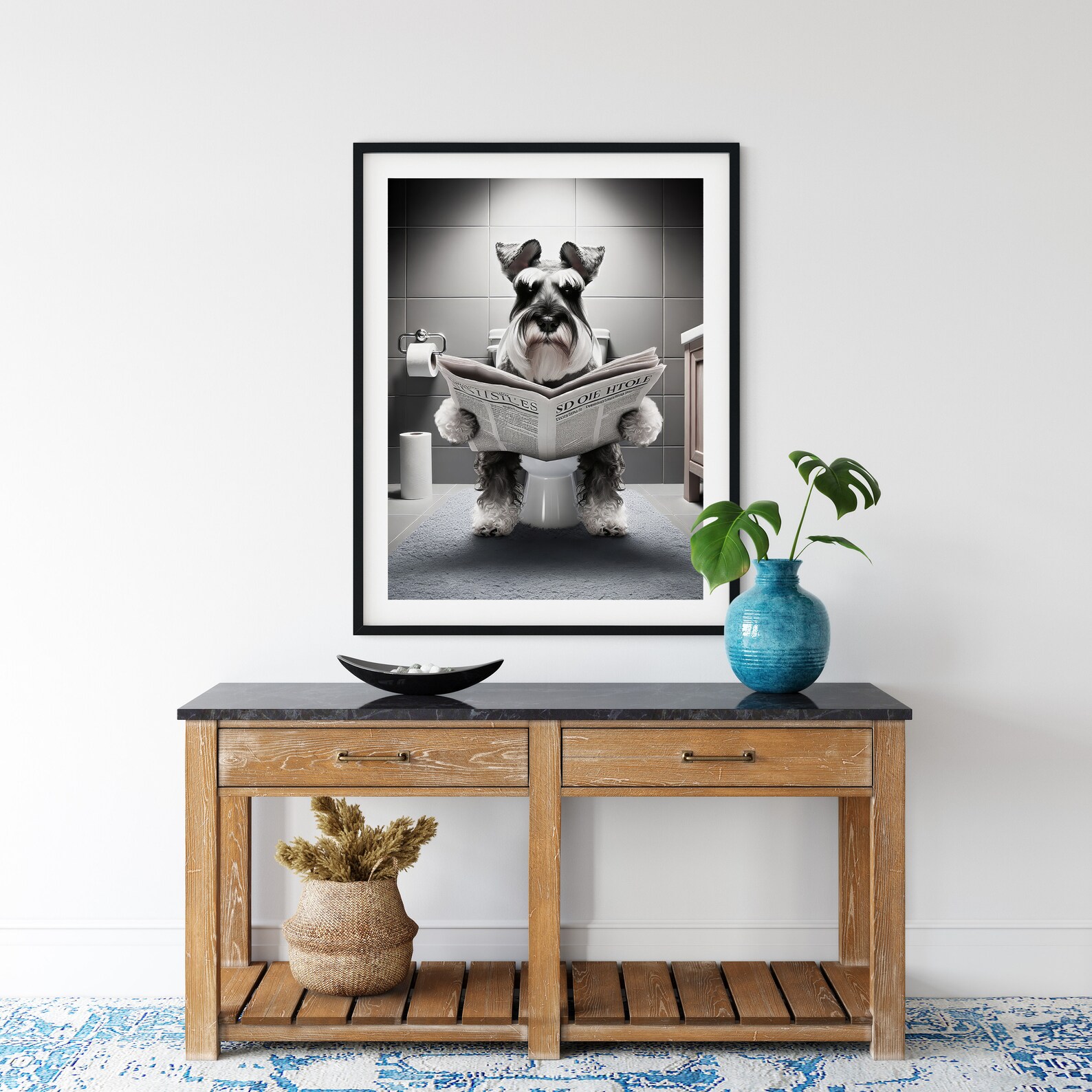 Schnauzer, Sitting on the Toilet, Reading Newspaper, Funny Bathroom ...