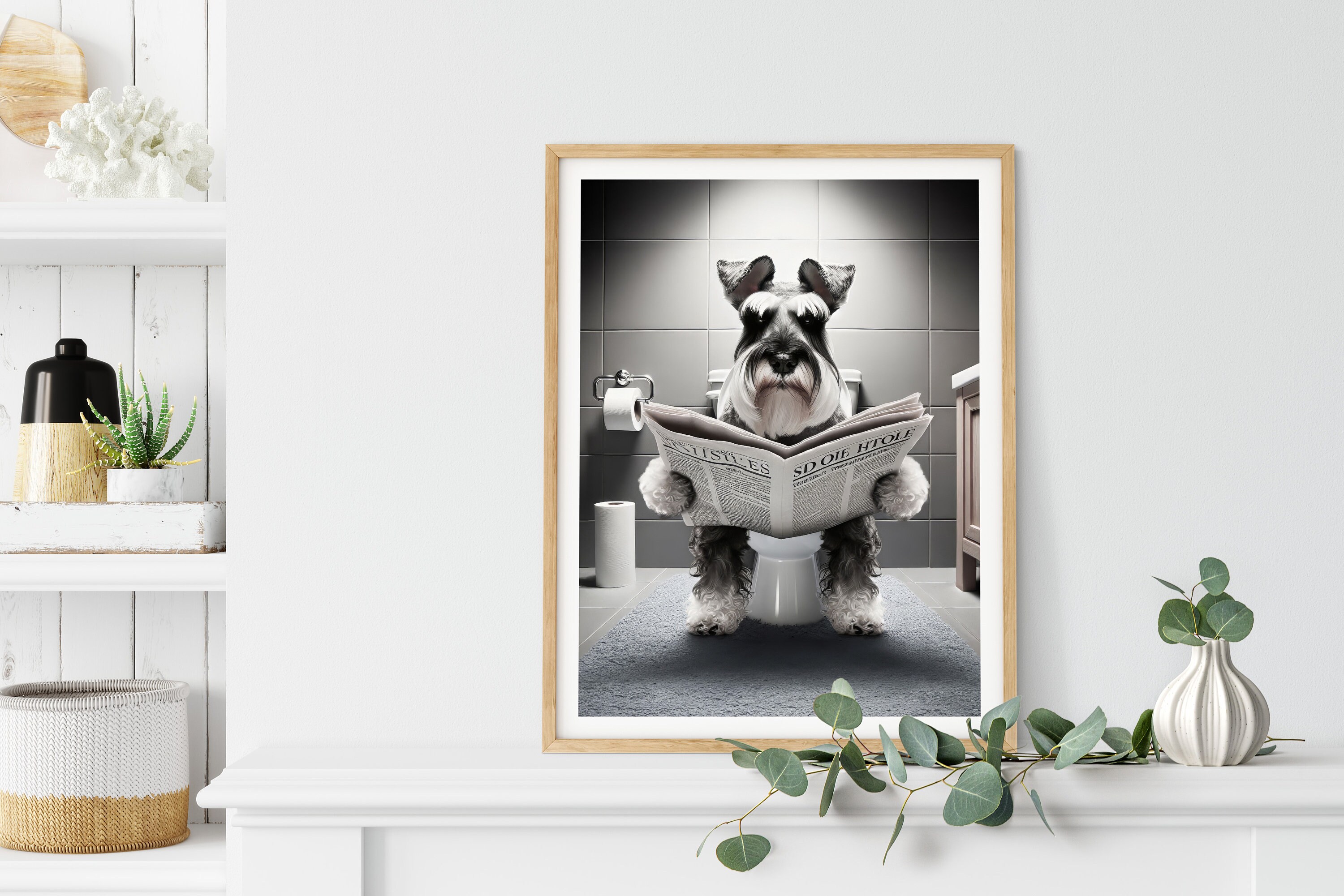 Schnauzer, Sitting on the Toilet, Reading Newspaper, Funny Bathroom ...