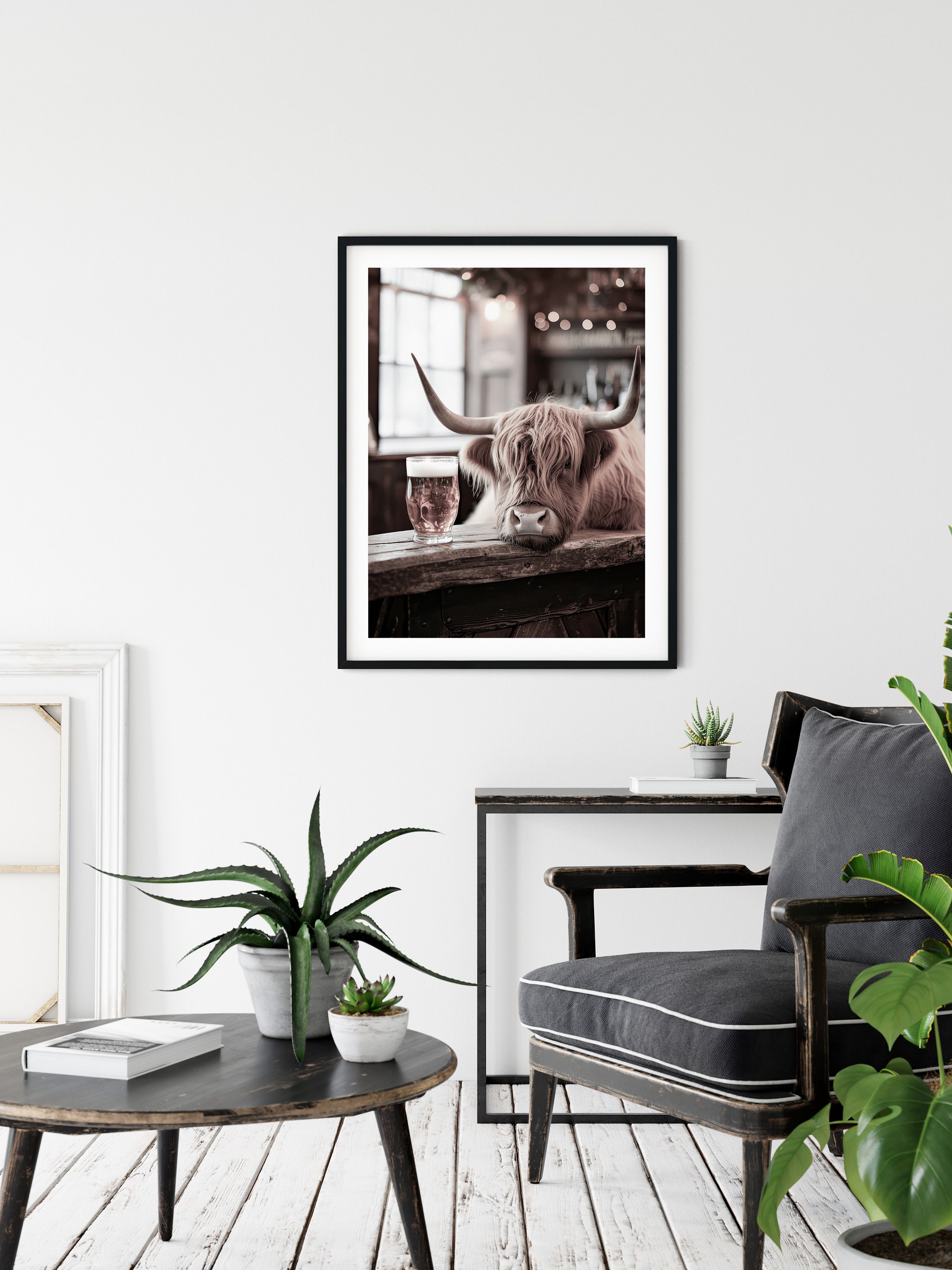 Highland Cow, Having a Beer at the Pub, Funny Pub Wall Art Poster ...