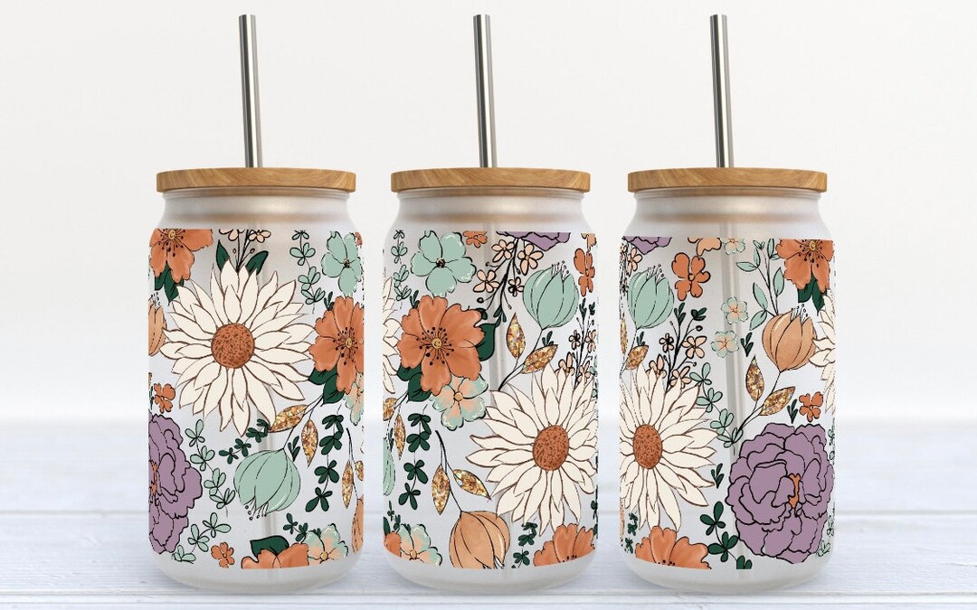 Floral 16 Oz Libbey Glass Cup - Etsy