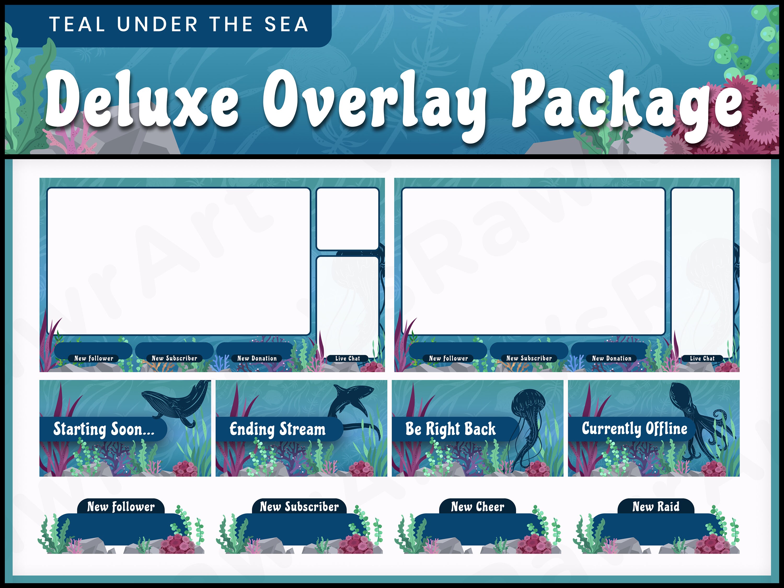 Deluxe Overlay Package Teal Under the Sea Twitch Overlay Banner Stream ...