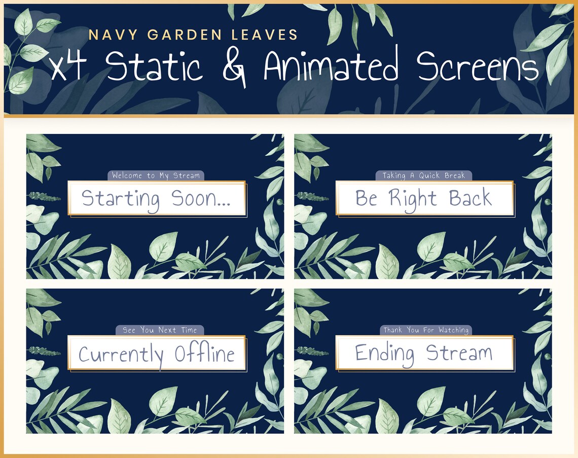 Animated Stream Overlay Package - Navy Garden Leaves | Twitch | Overlay ...