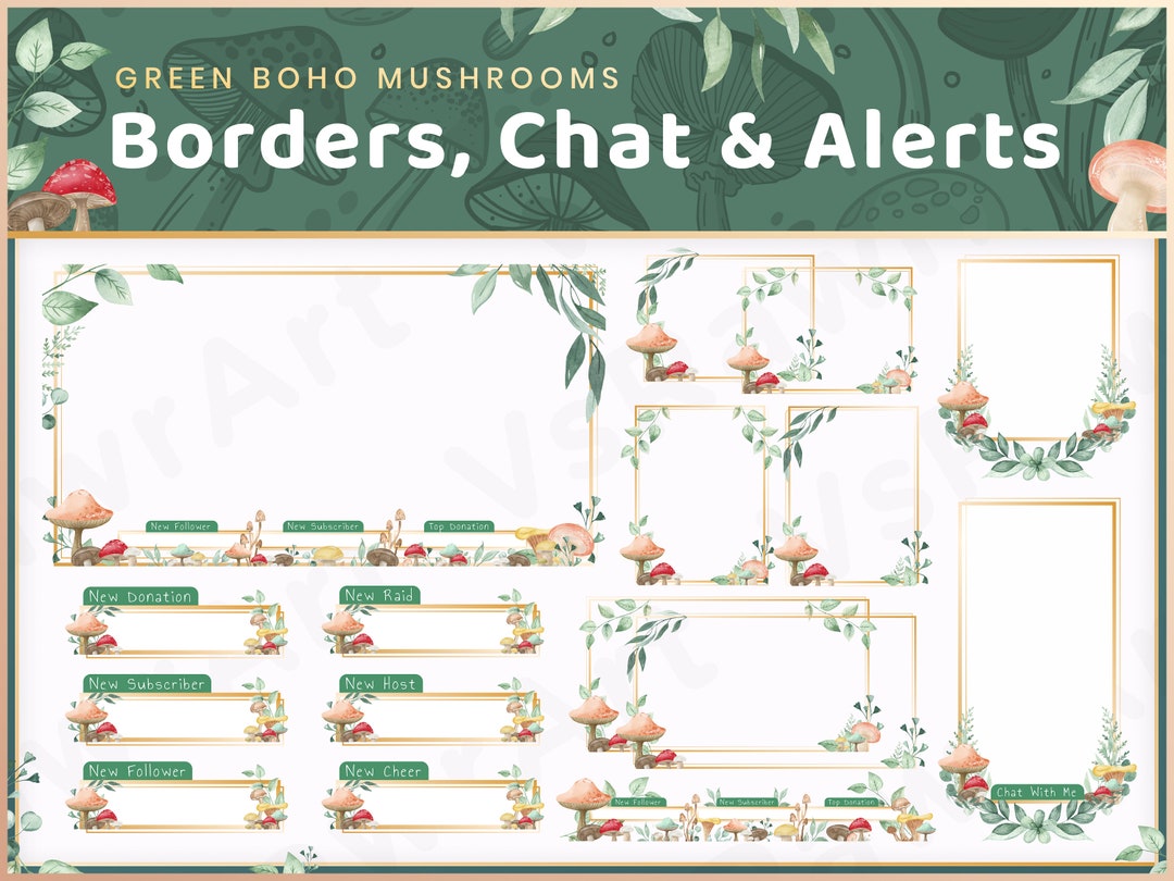 Stream Chat Windows, Camera Borders & Alerts - Green Boho Mushrooms ...