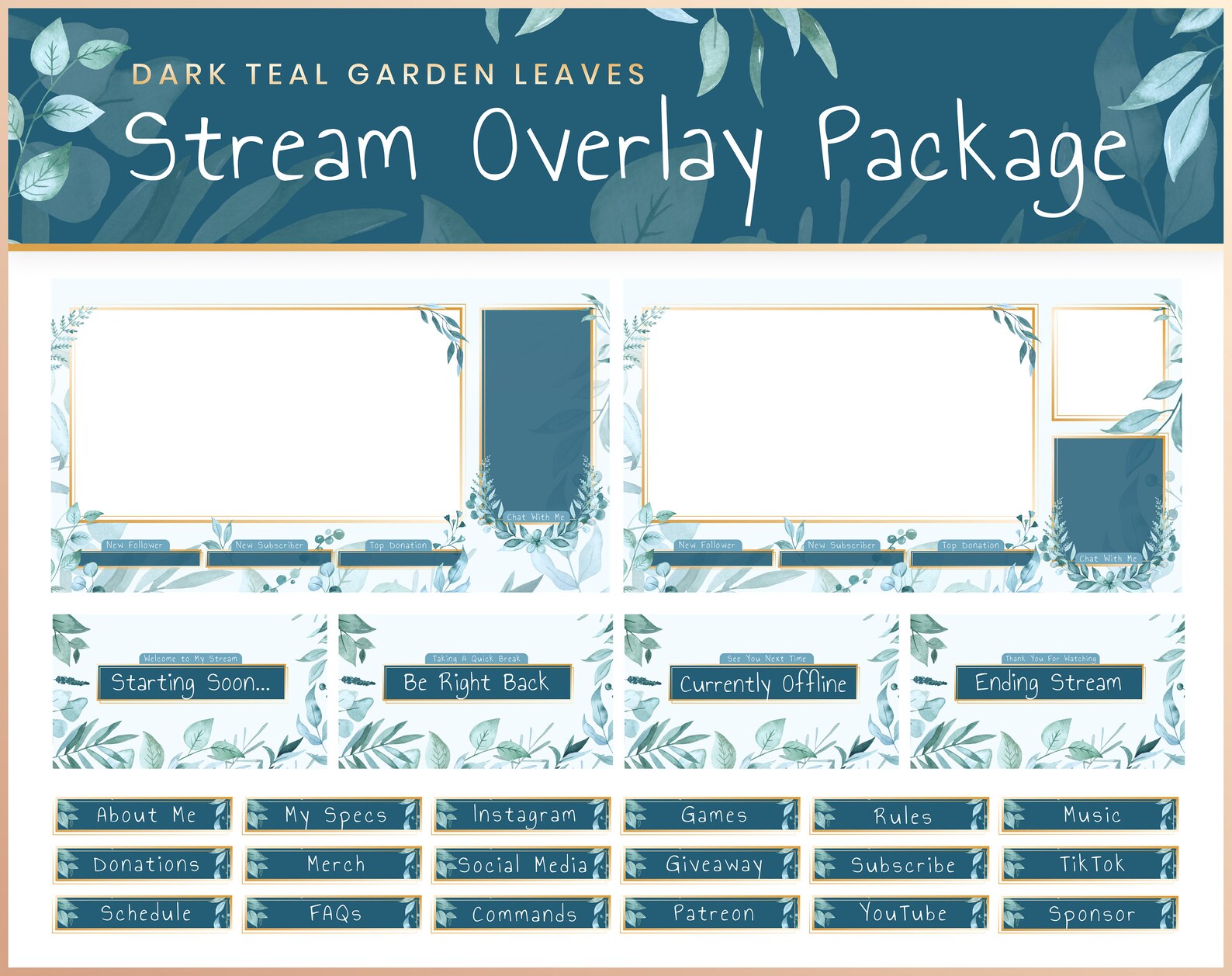Stream Overlay Package Dark Teal Garden Leaves Twitch Overlay Banner ...