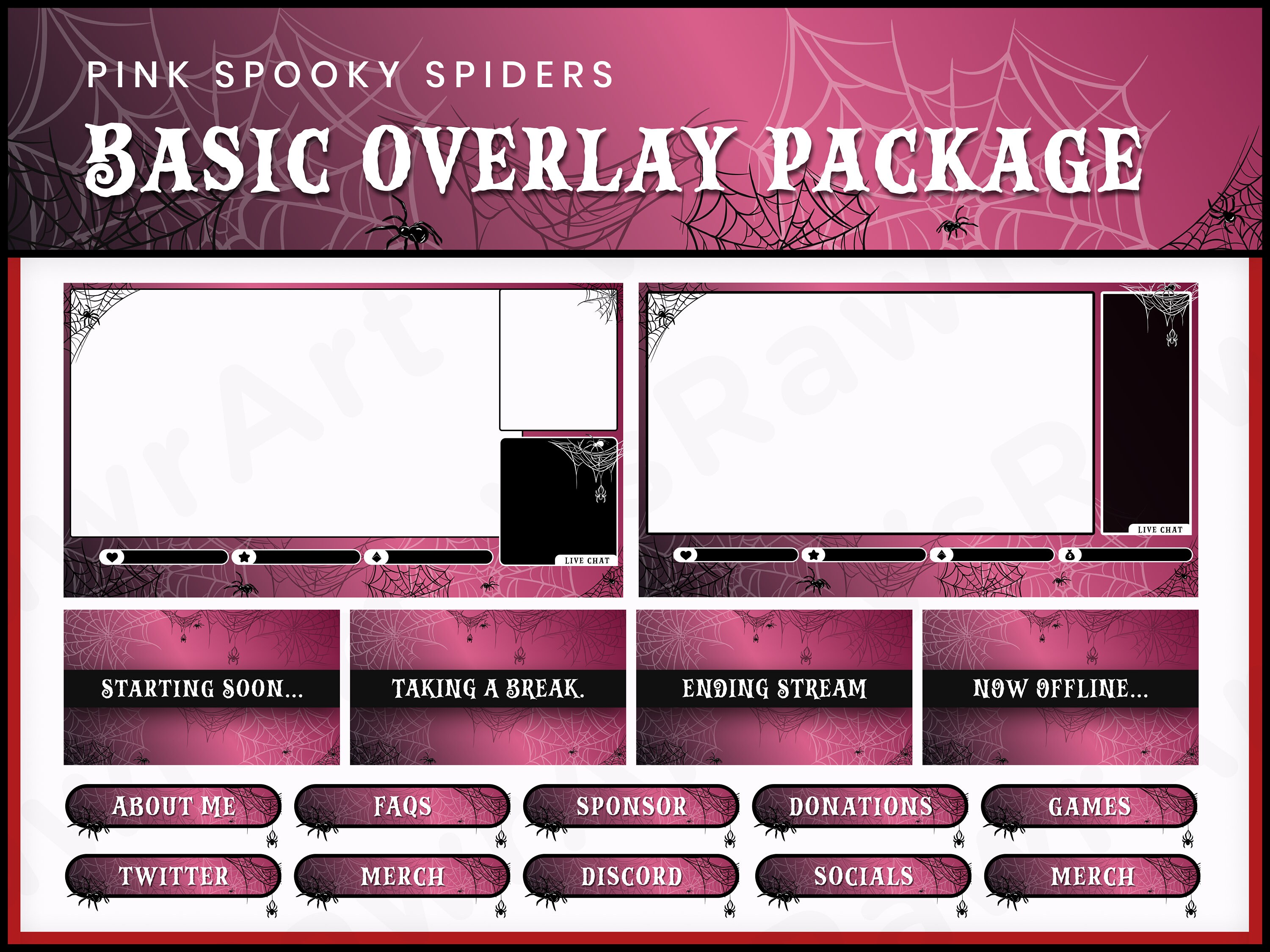 Basic Overlay Package Pink Spooky Spiderweb Twitch Overlay Banner ...