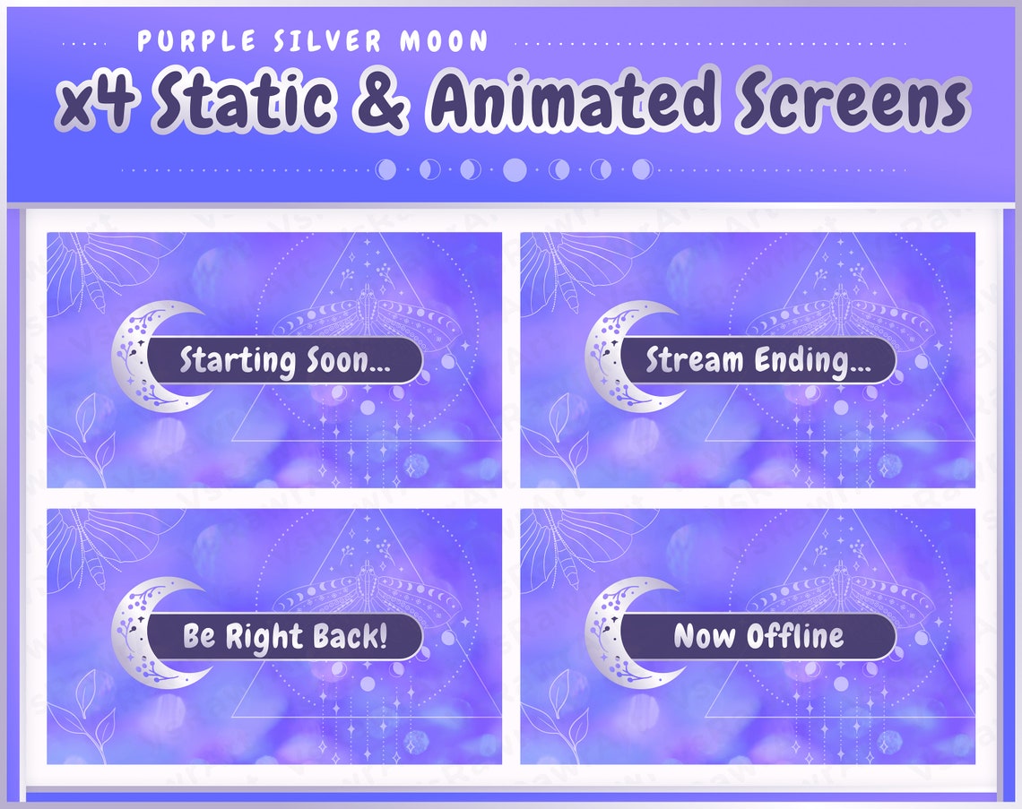 Animated Stream Overlay Package Purple Silver Moon Cute Twitch Overlay ...