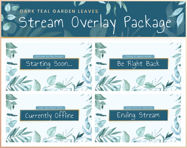 Stream Overlay Package Dark Teal Garden Leaves Twitch Overlay Banner ...
