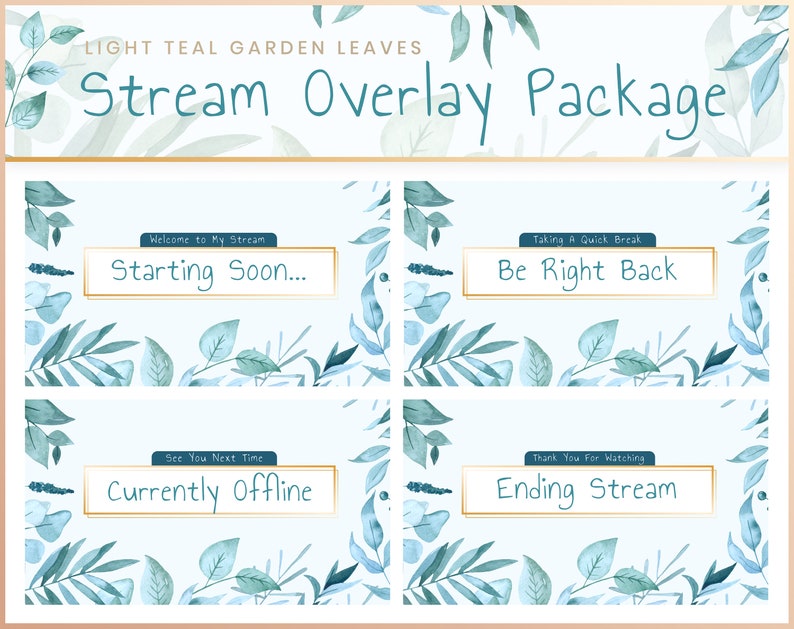 Animated Stream Overlay Package Light Teal Garden Leaves Twitch Overlay ...