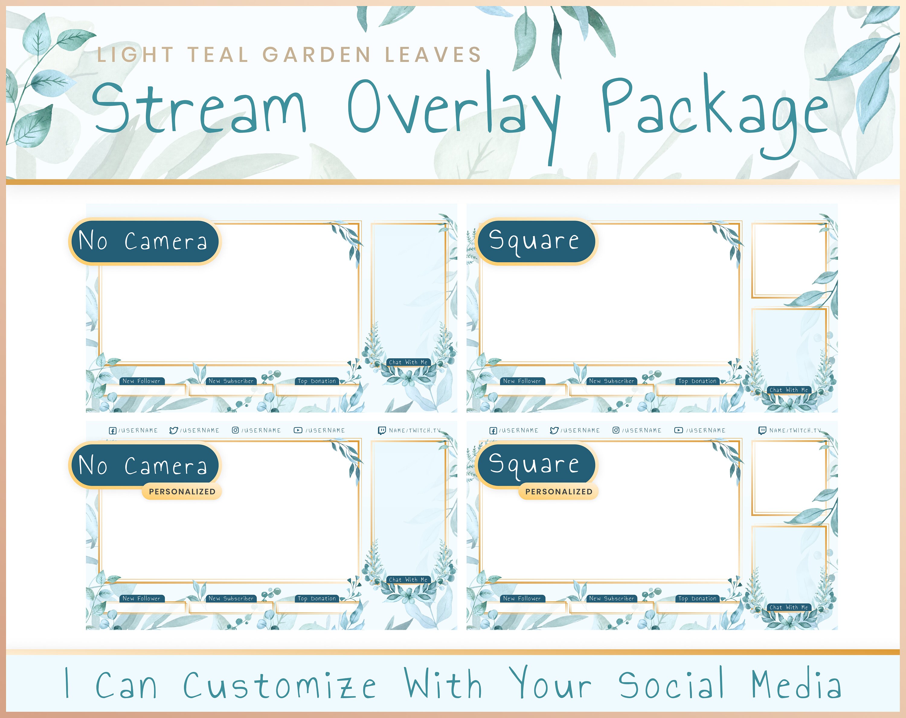 Animated Stream Overlay Package Light Teal Garden Leaves Twitch Overlay ...
