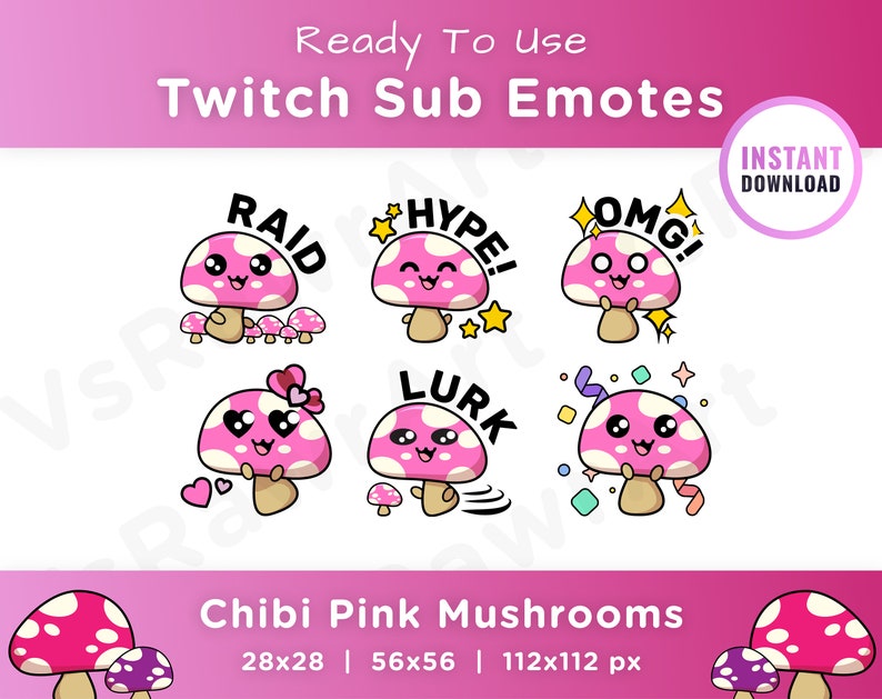 Chibi Pink Mushroom Twitch Subscriber Emotes Package Streaming Streamer ...