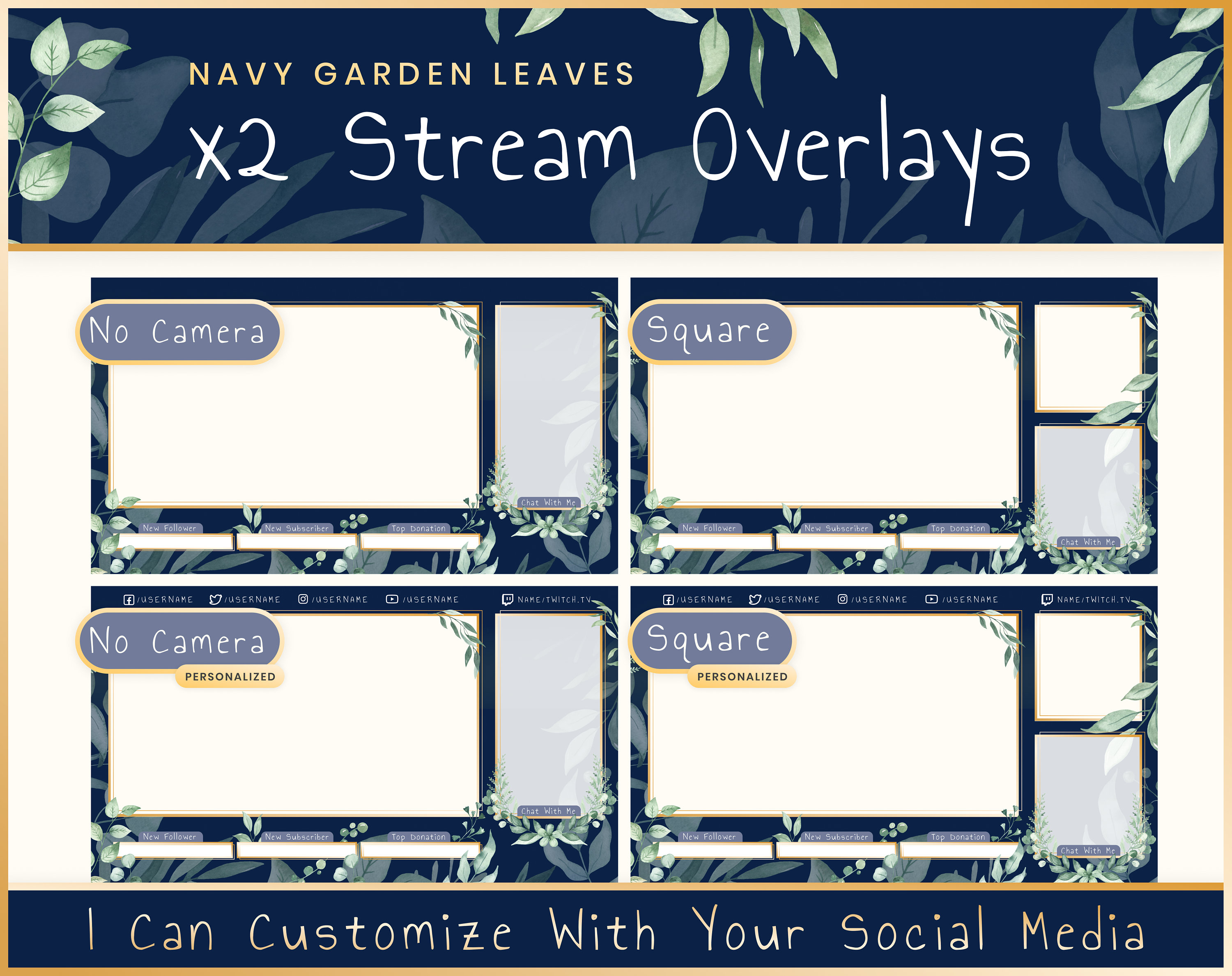 Animated Stream Overlay Package - Navy Garden Leaves | Twitch | Overlay ...
