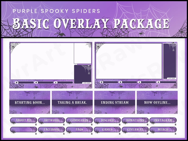 Basic Overlay Package Purple Spooky Spiderweb Twitch Overlay Banner ...