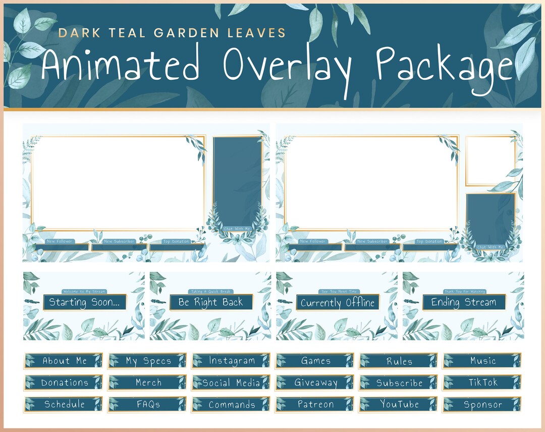 Animated Stream Overlay Package - Dark Teal Garden Leaves | Twitch ...
