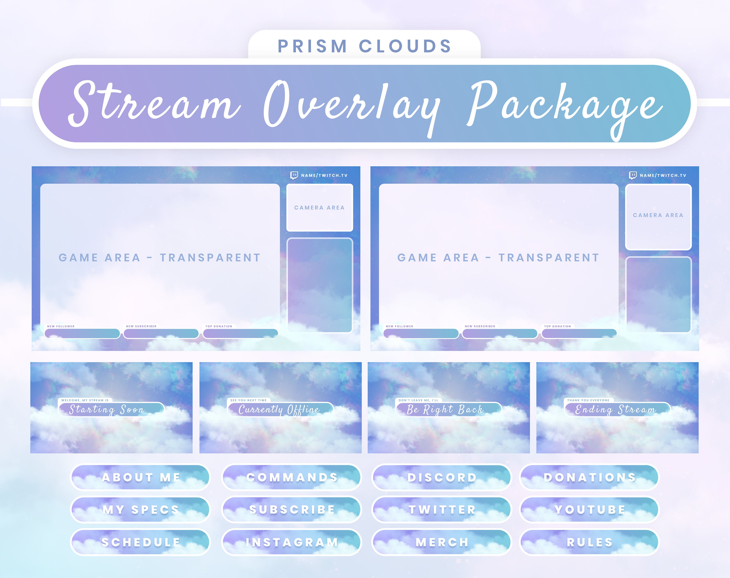 Stream Overlay Package Prism Rainbow Clouds Twitch Overlay Banner ...
