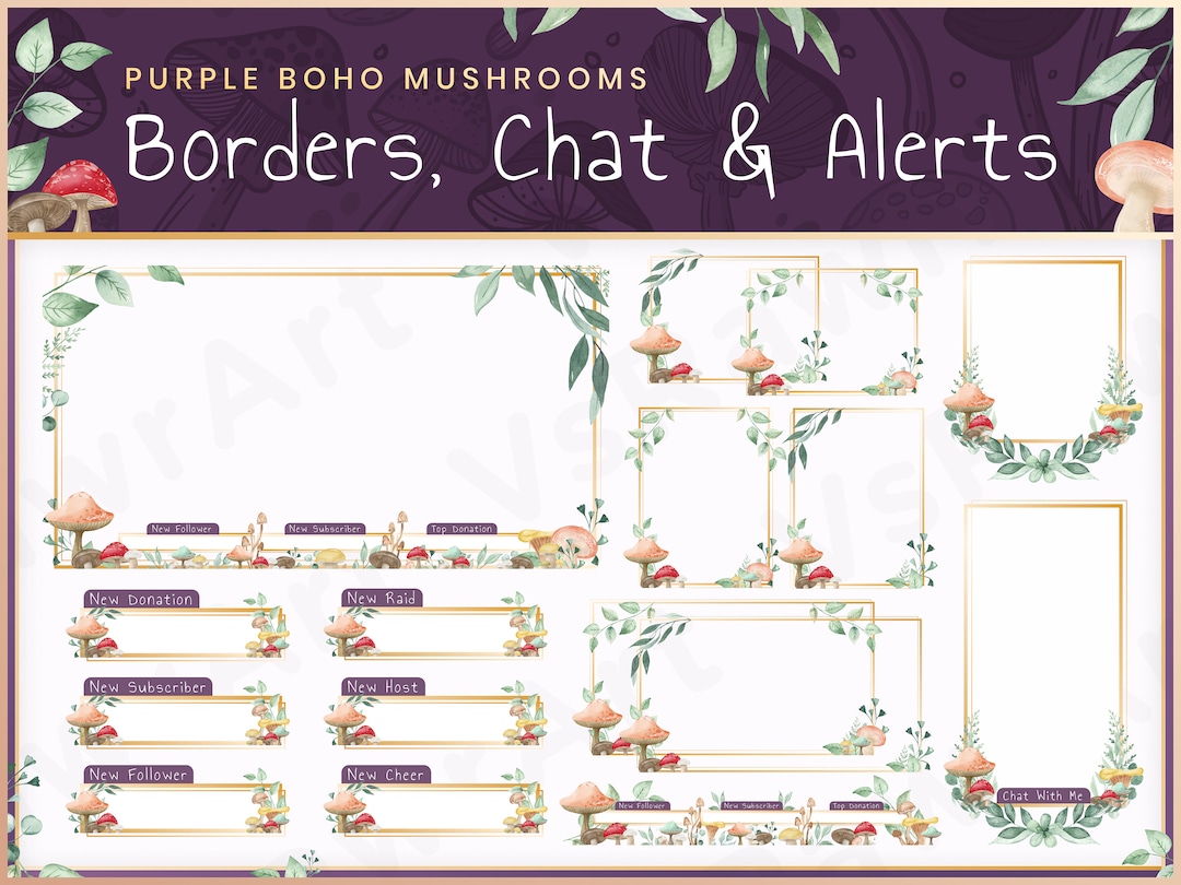 Stream Chat Windows, Camera Borders & Alerts - Purple Boho Mushrooms ...