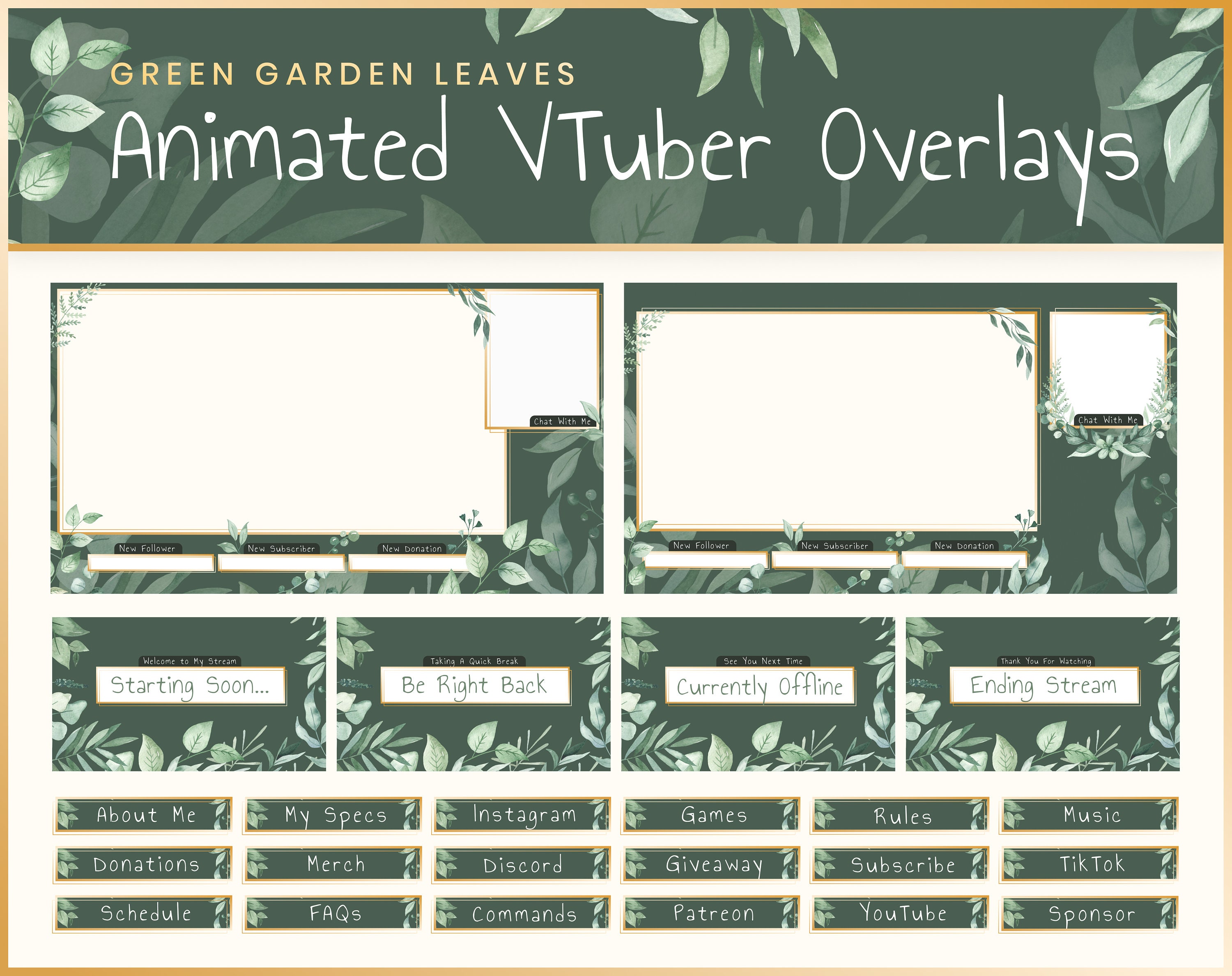 Animated Vtuber Stream Overlay Package - Green Garden Leaves | Twitch ...
