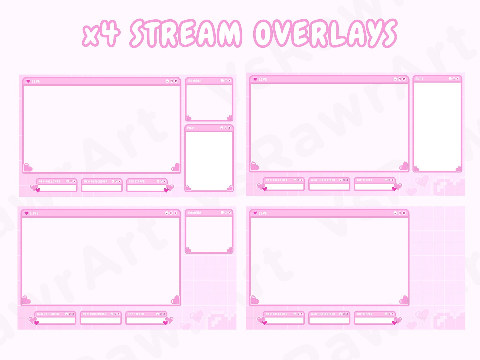 Stream Overlay Package - Cute Pink Pixel Hearts | Kawaii | Twitch ...