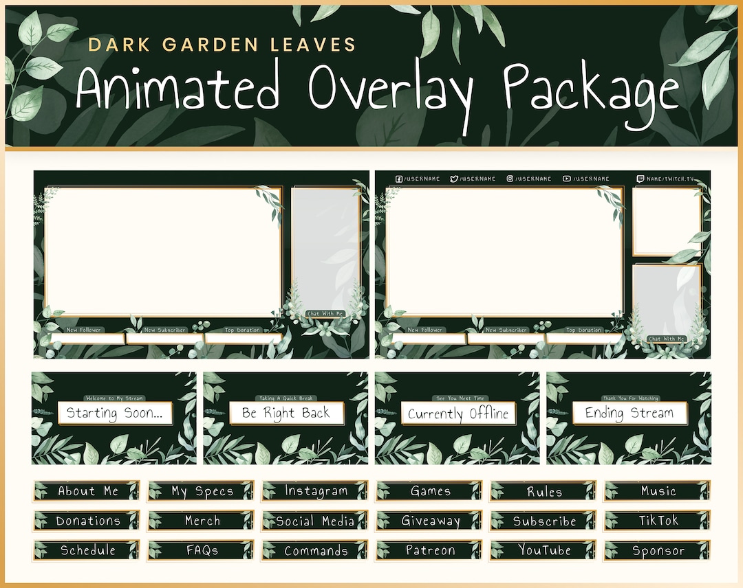 Animated Stream Overlay Package - Dark Green Garden Leaves | Twitch ...